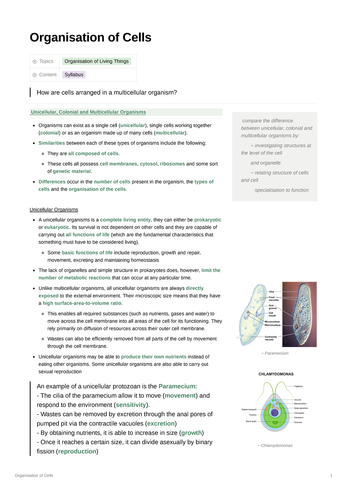Organisation of Cells Module 2 - Organisation of Cells Topics ...
