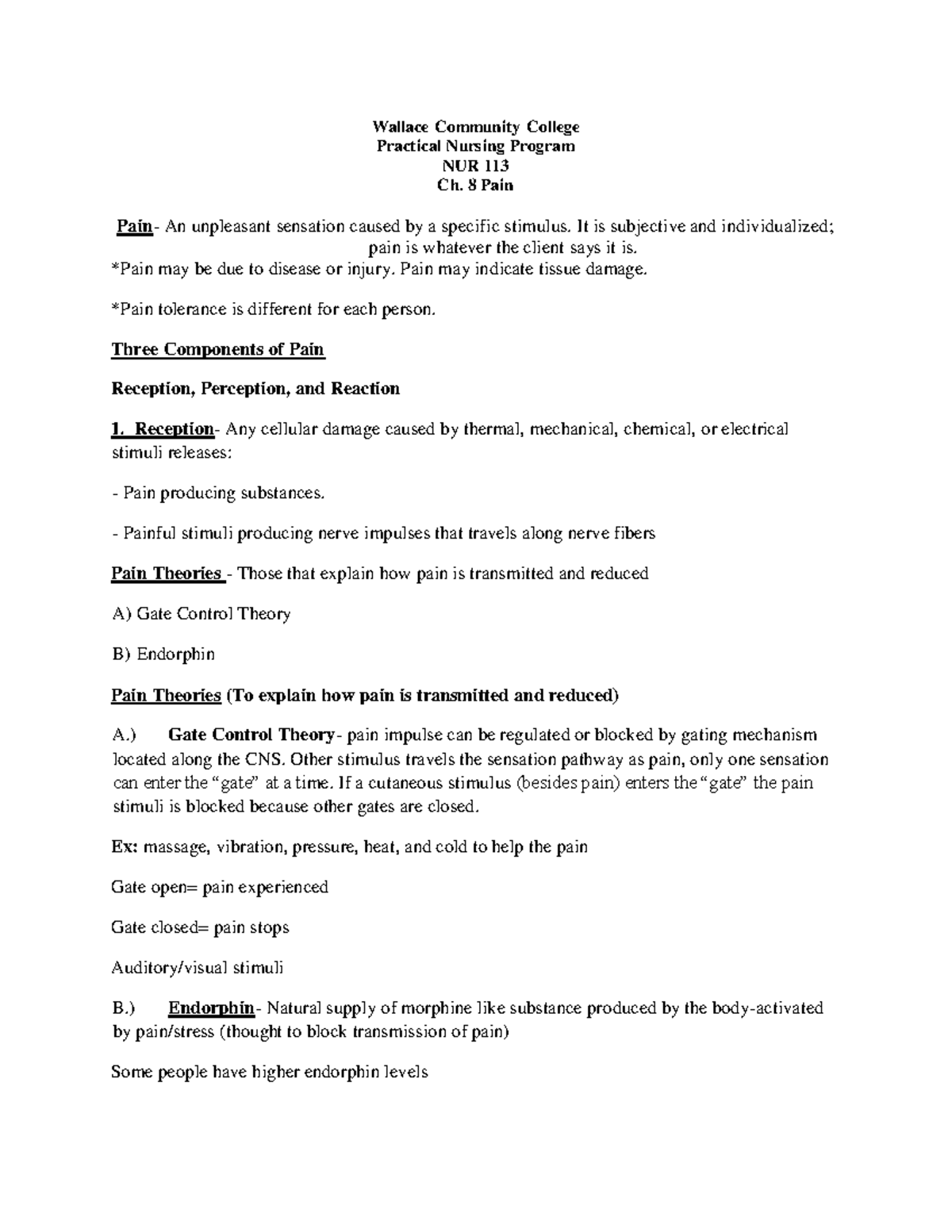 Ch. 8 Pain - peri operative med surge - Wallace Community ...