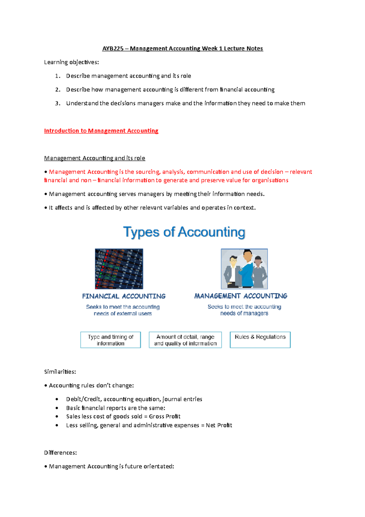 Week 1 Lecture Notes Ayb225 Management Accounting Week 1 Lecture Notes Learning Objectives