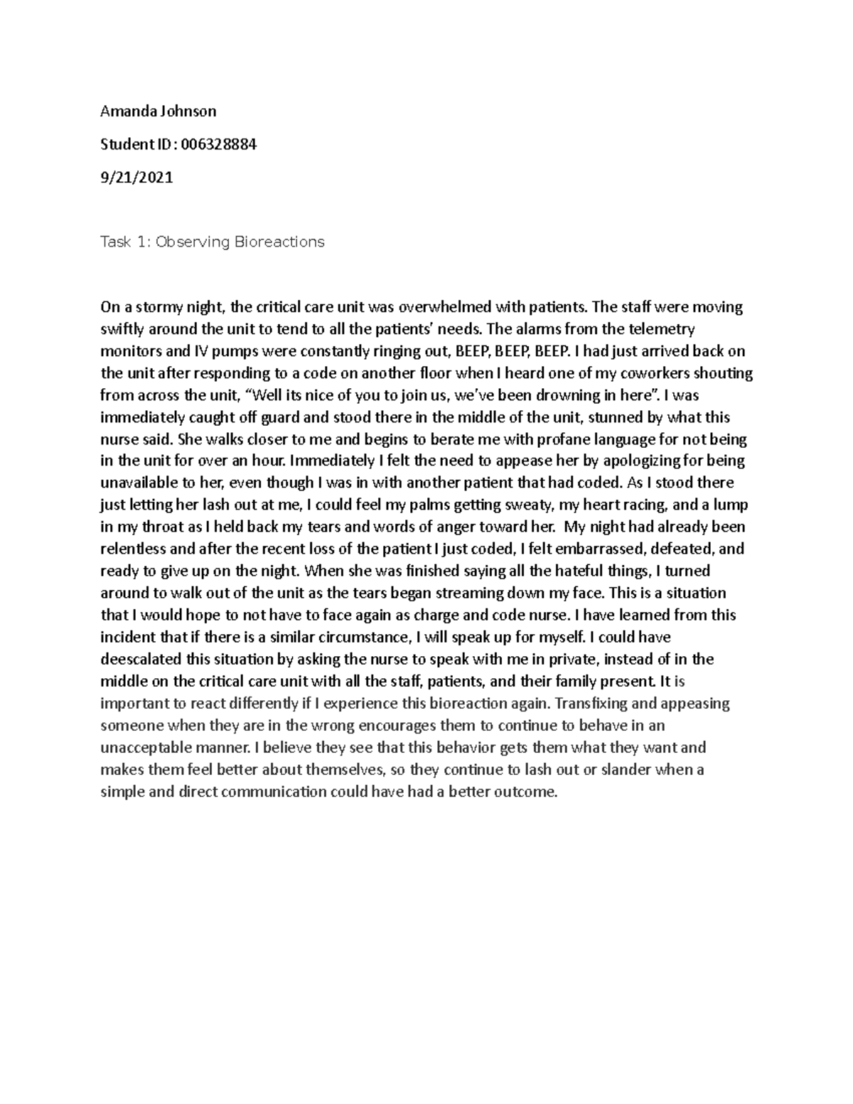 Bioreaction - Amanda Johnson Student ID: 006328884 9/21/ Task 1 ...