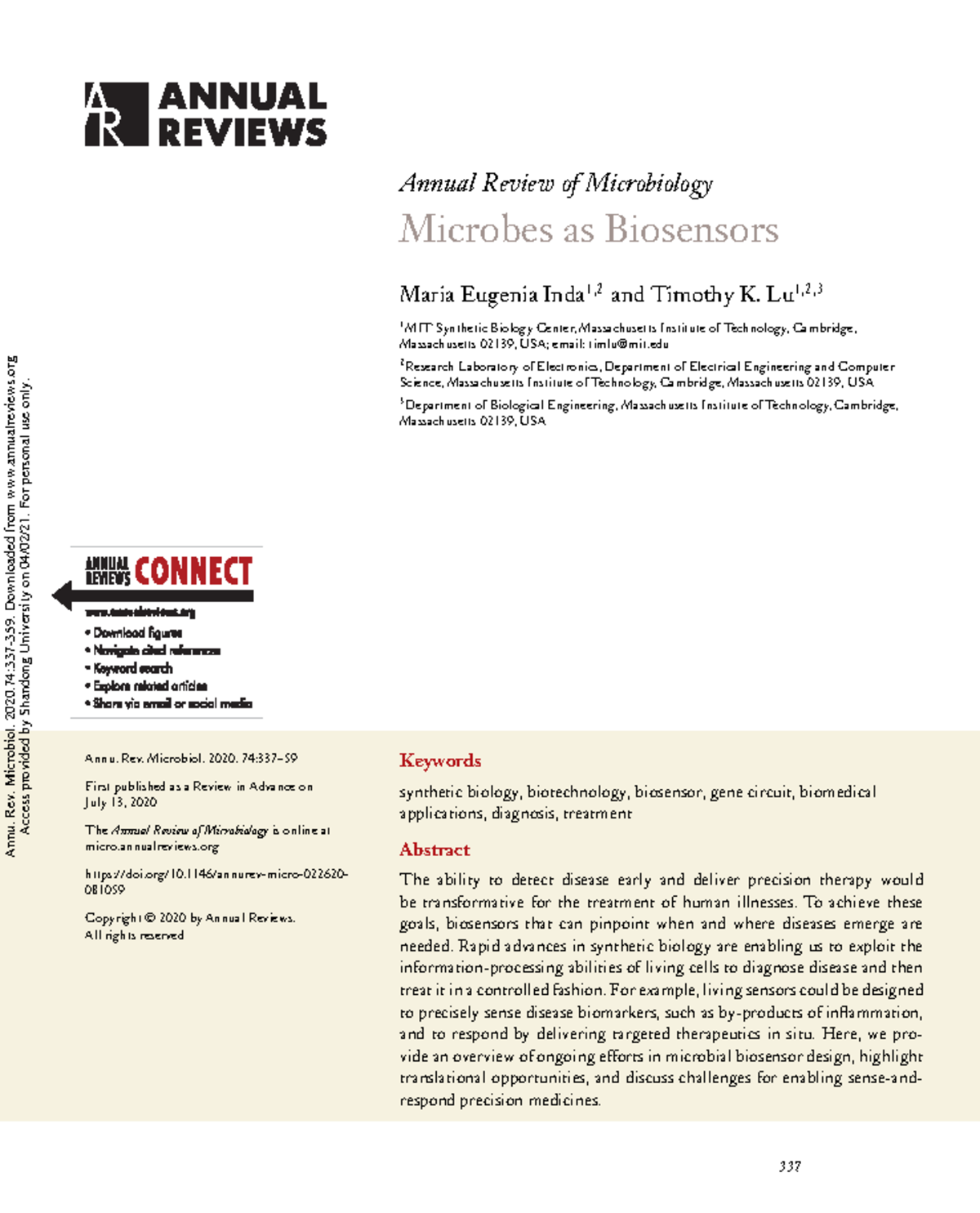 Microbes as Biosensors timothy lu - Annual Review of Microbiology ...