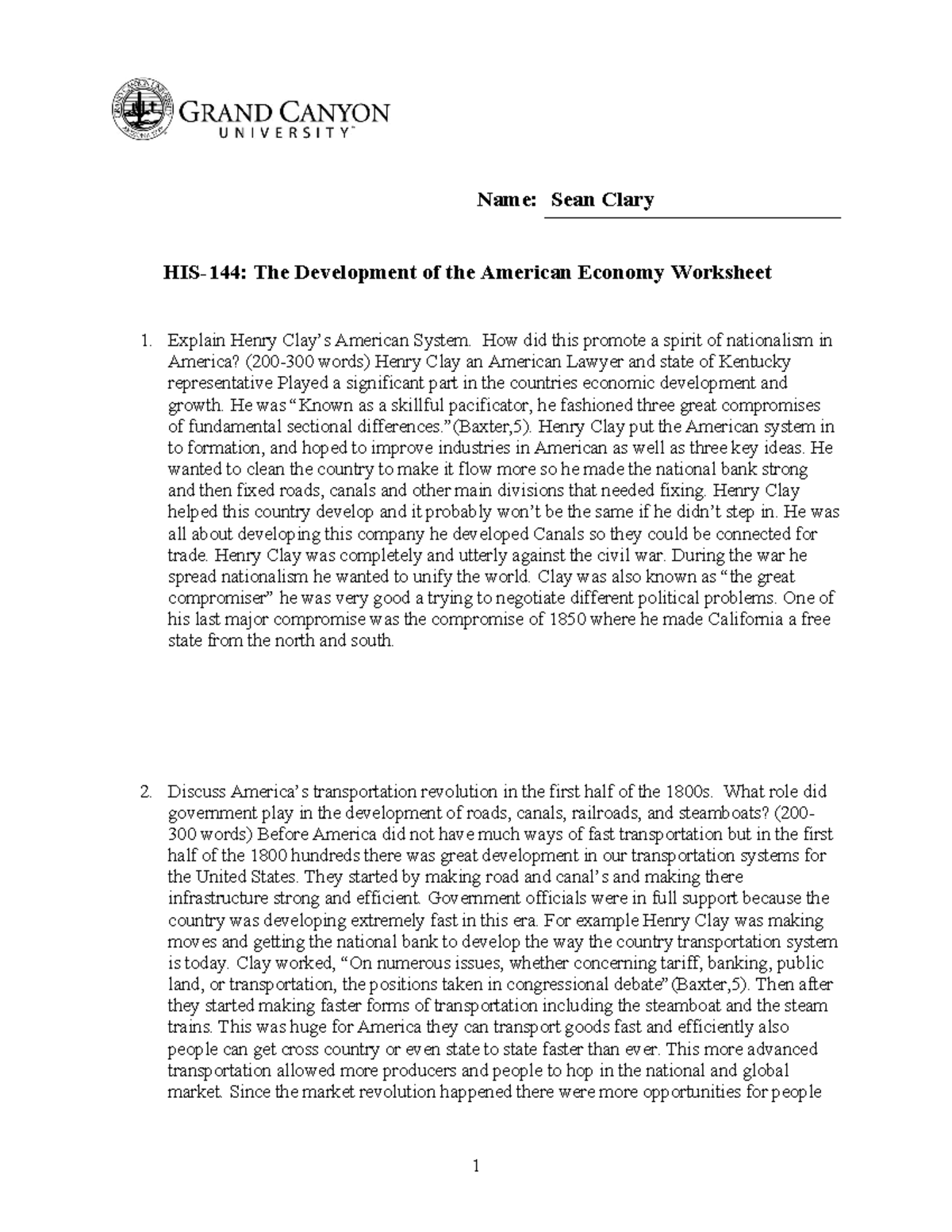 HIS-144.T-4.Development of the American Economy - Name: Sean Clary HIS ...