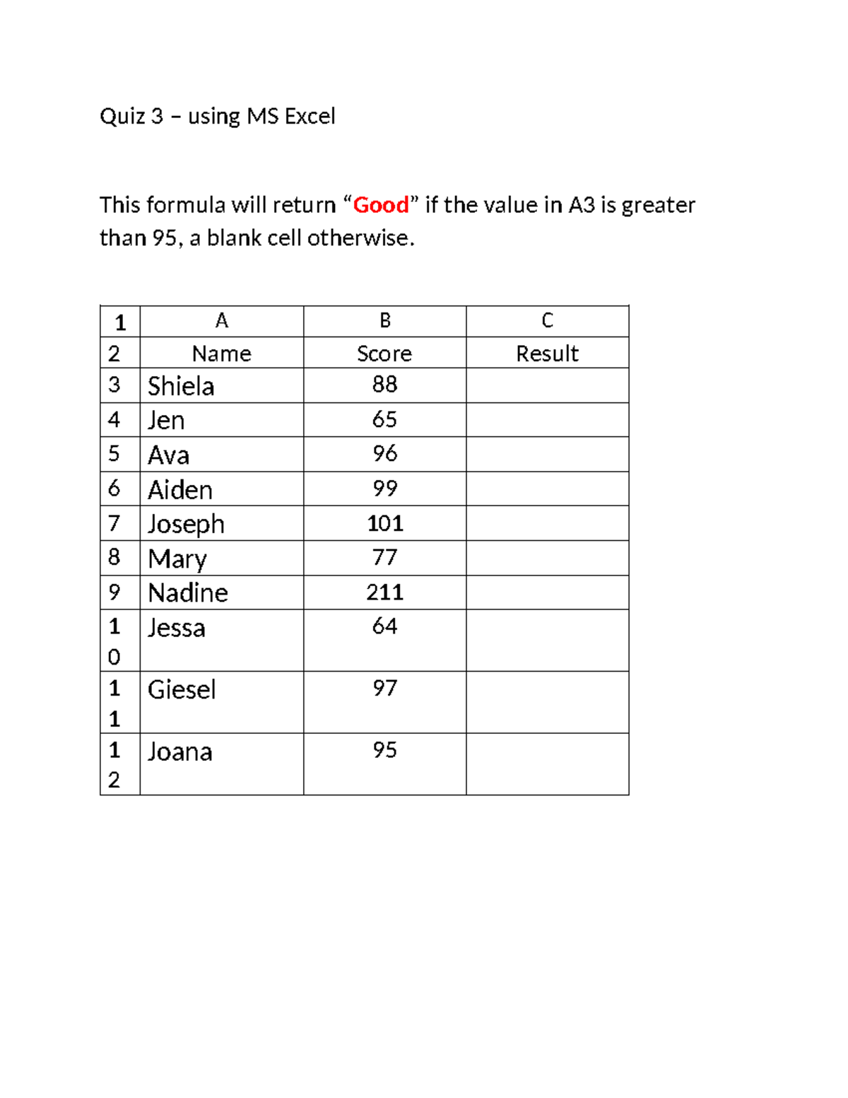Excel Quiz 3 - Learning Materials - Information Technology - Quiz 3 ...
