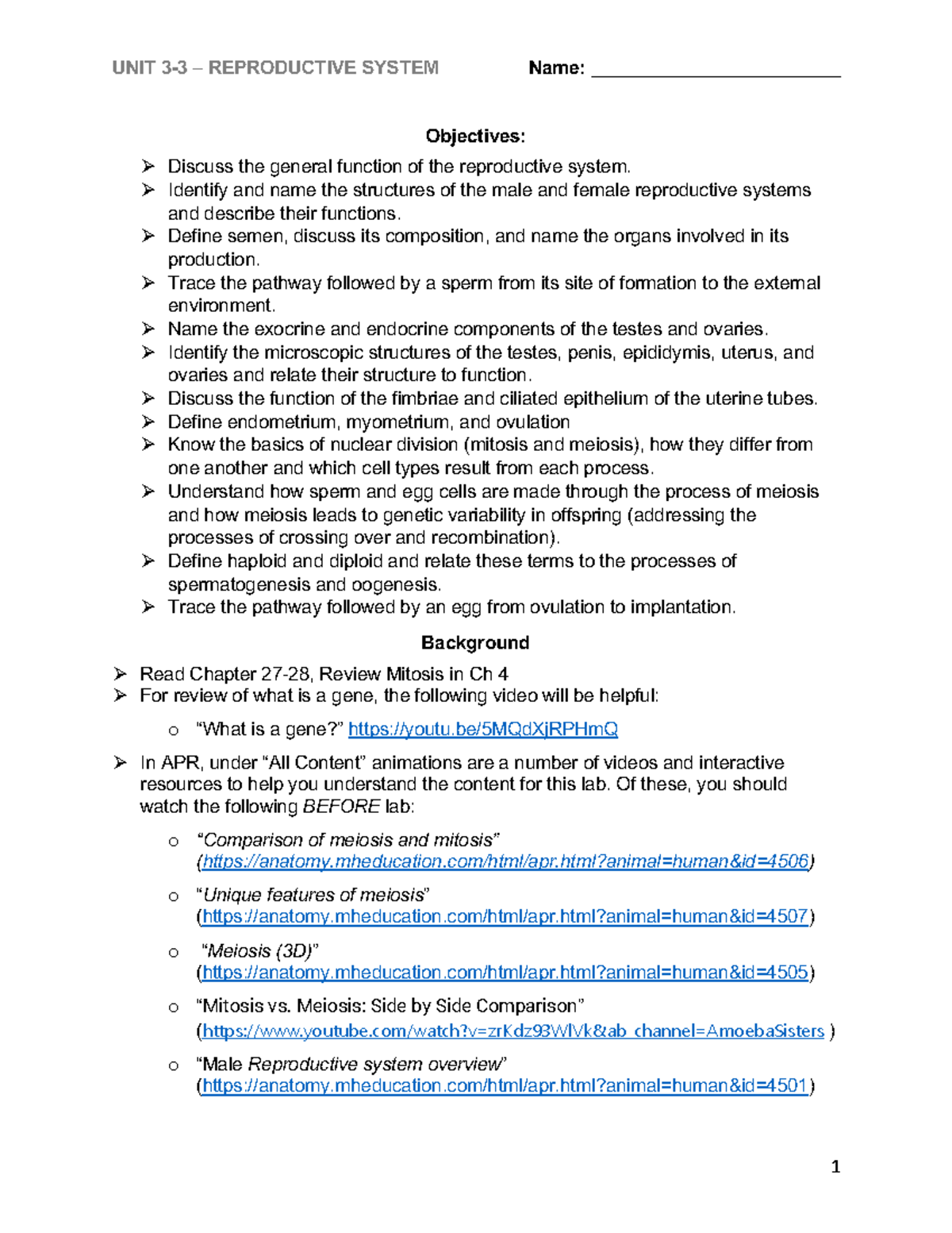 UNIT 3-3 Reproductive Handout - Student - Objectives: Ø Discuss the ...