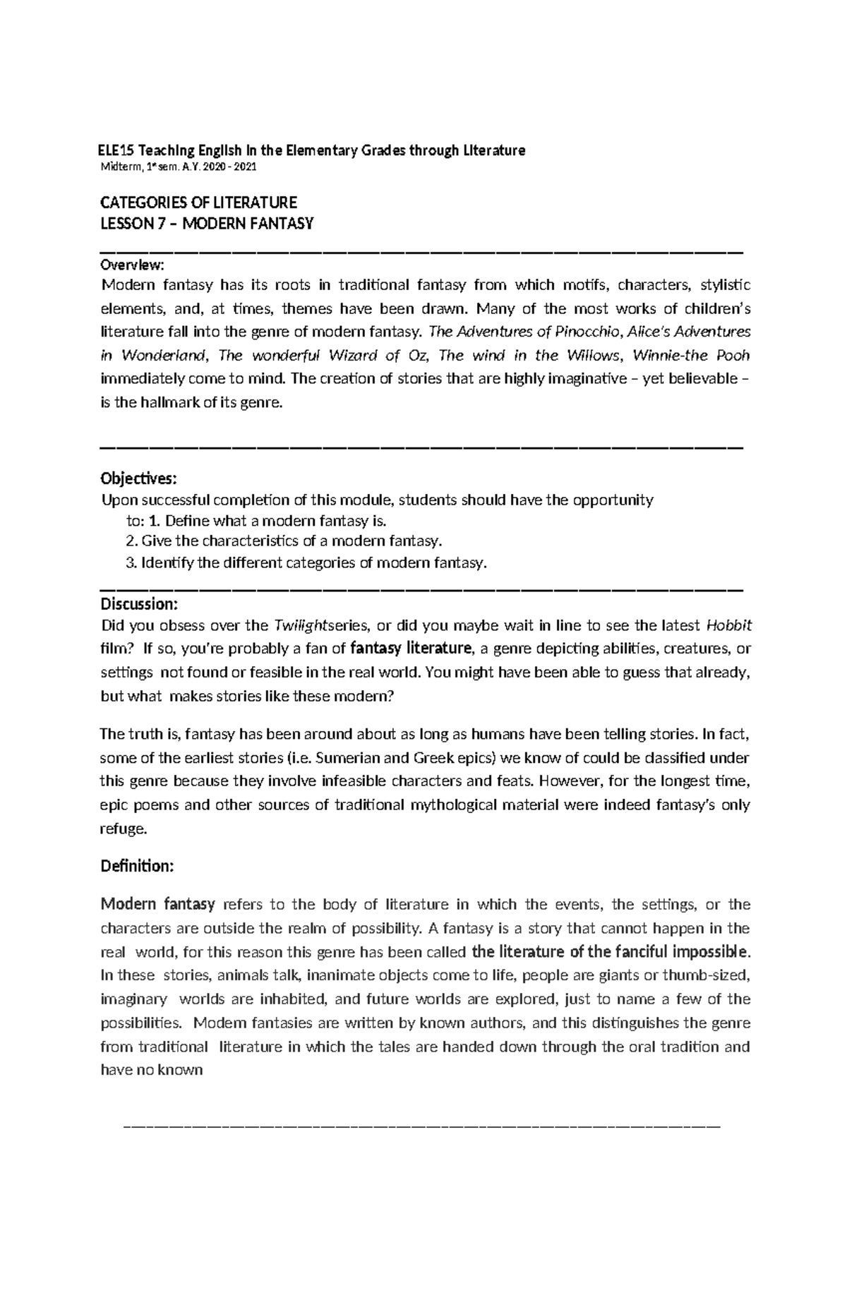 Lesson 7 - Modern Fantasy - ELE15 Teaching English in the Elementary ...