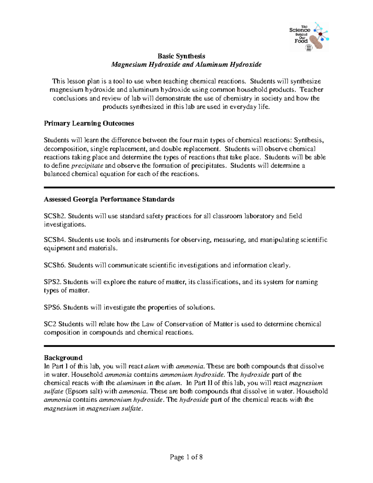 Basic Synthesis - lab report - Basic Synthesis Magnesium Hydroxide and ...