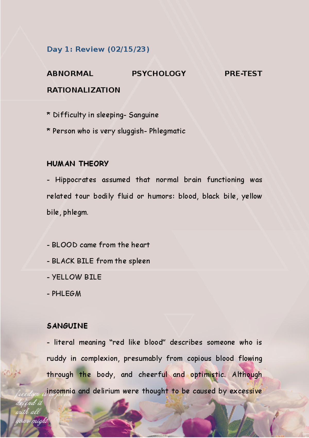 Day 1 Review - PSYCHOLOGY - Day 1: Review (02/15/23) ABNORMAL ...