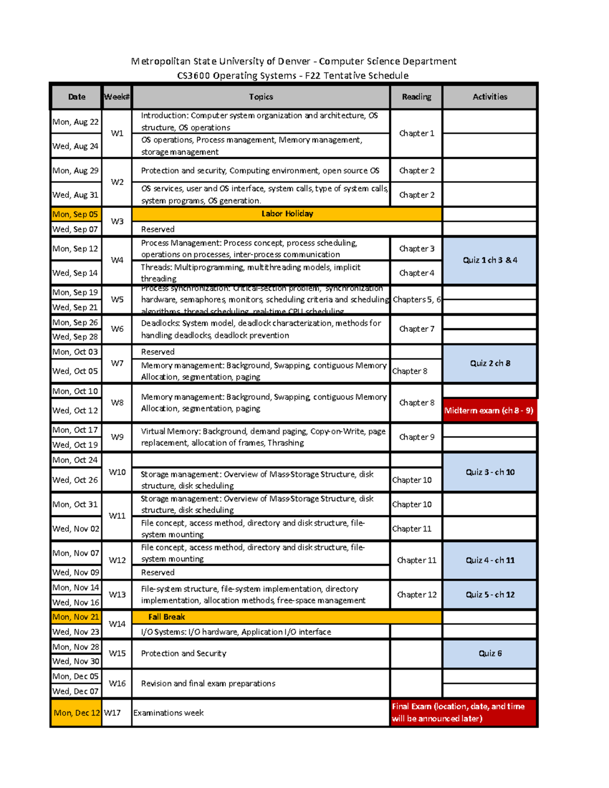 OSschedule f22 - Schedule of activities - Date Week# Topics Reading ...