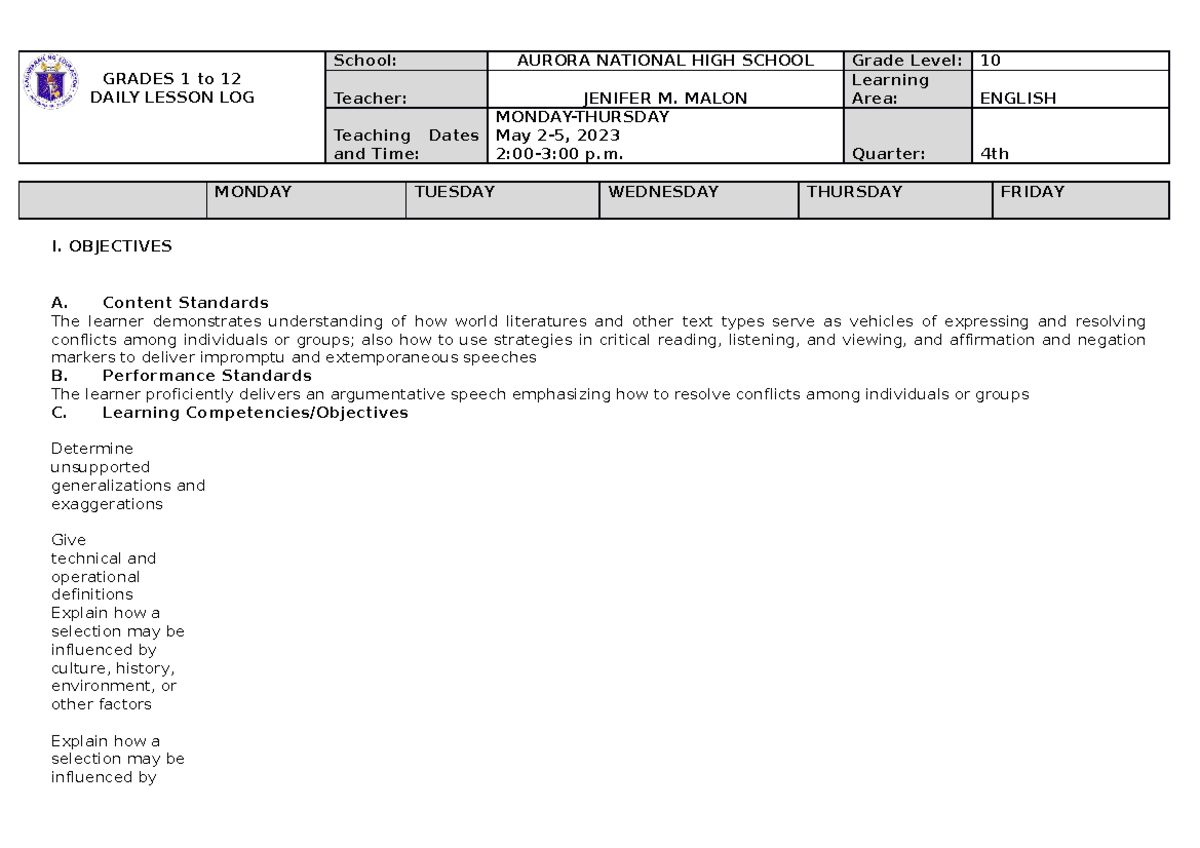 1 - Daily Lesson Log - GRADES 1 to 12 DAILY LESSON LOG School: AURORA ...