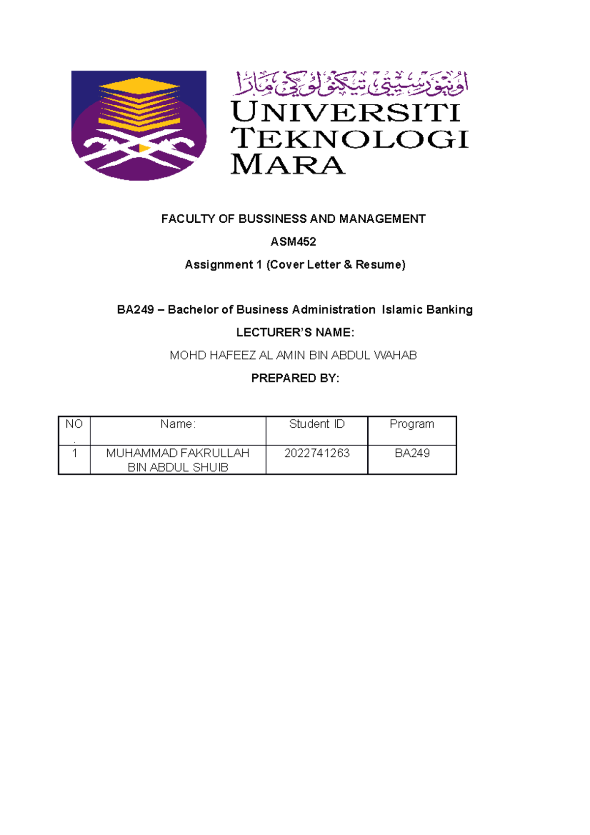Assingment asm - asm - FACULTY OF BUSSINESS AND MANAGEMENT ASM Assignment 1 (Cover Letter ...