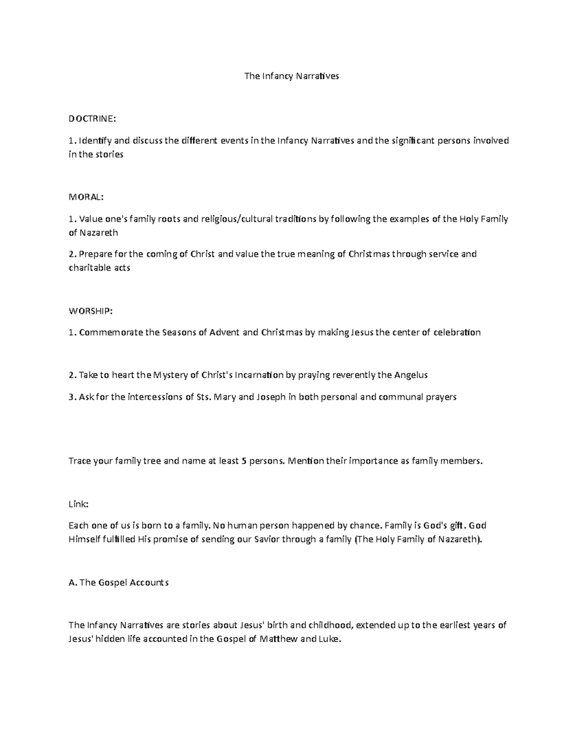 THE Infancy Narratives - The Infancy Narratives DOCTRINE:1. Identify ...