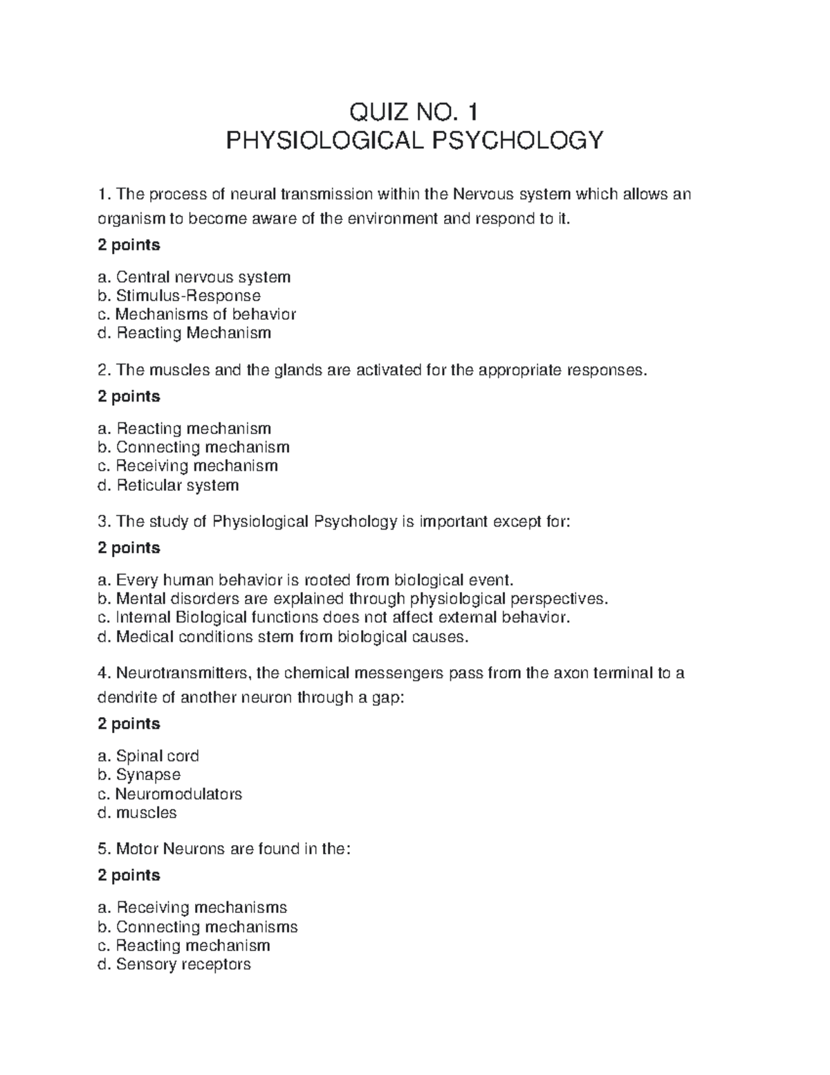 QUIZ NO 1 Physiological Psychology (WITH Answer KEY) - BS Psychology ...