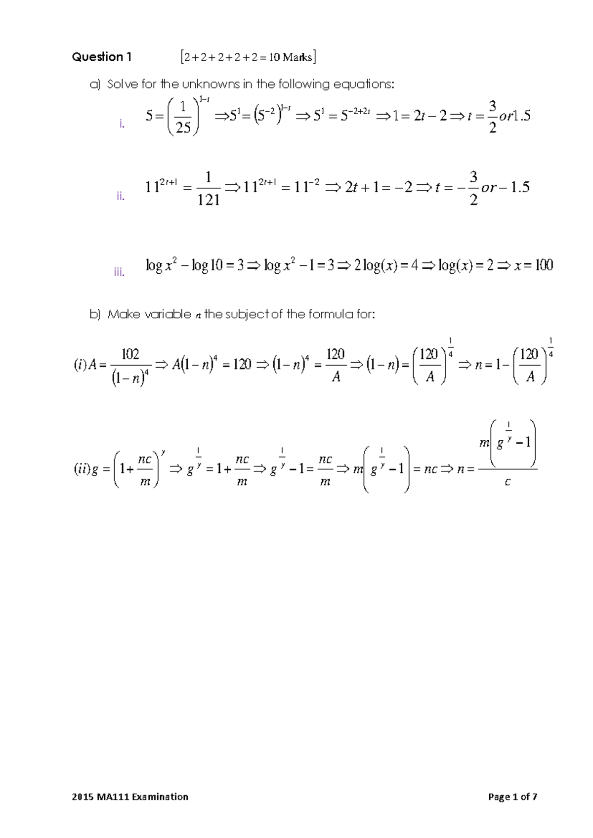 MA111 Exam 2015-Solution - Question 1 2 2 2 2 2 10 Marks a) Solve for ...