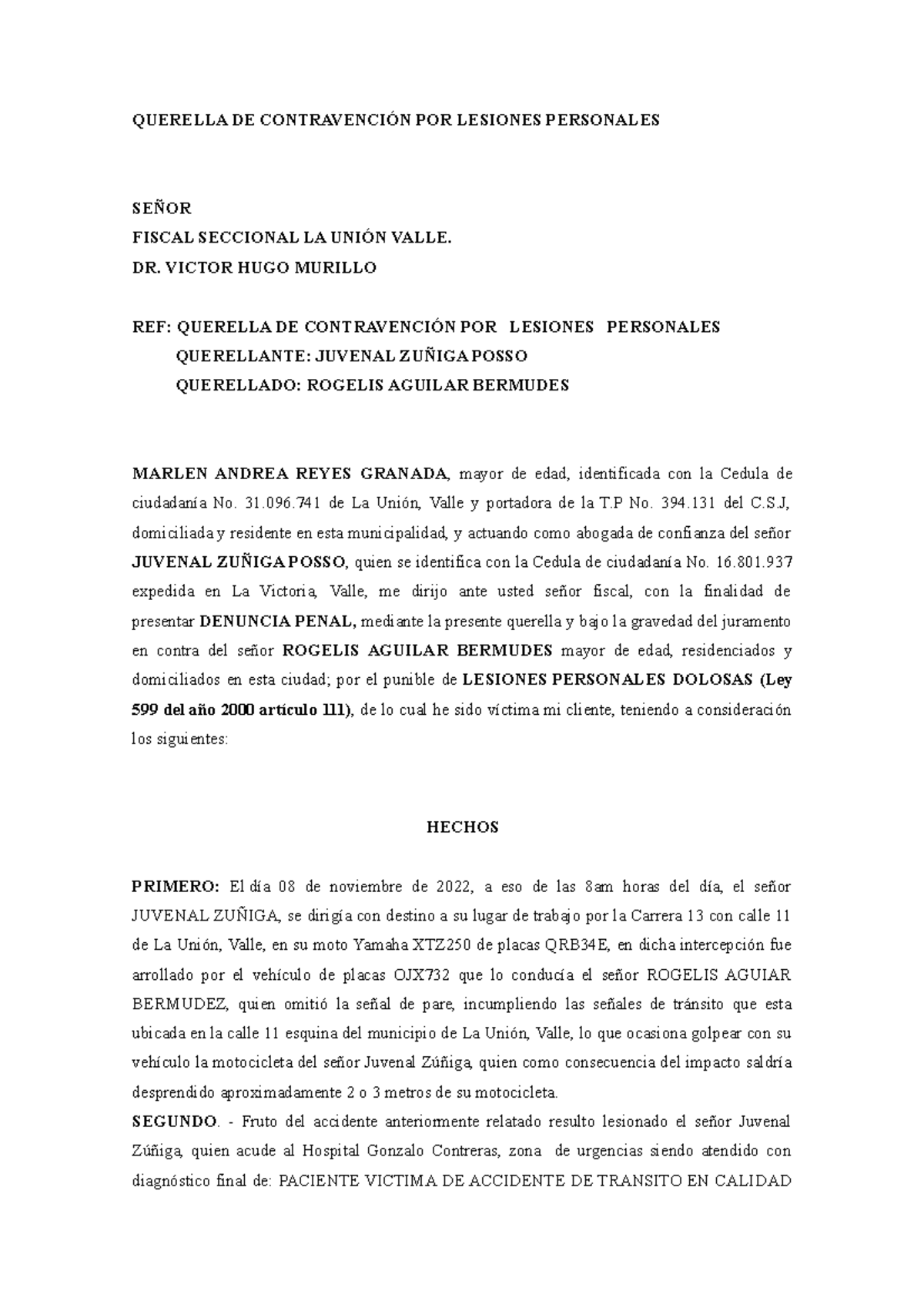 Querella DE ContravencióN Juvenal Zuñiga - QUERELLA DE CONTRAVENCIÓN ...