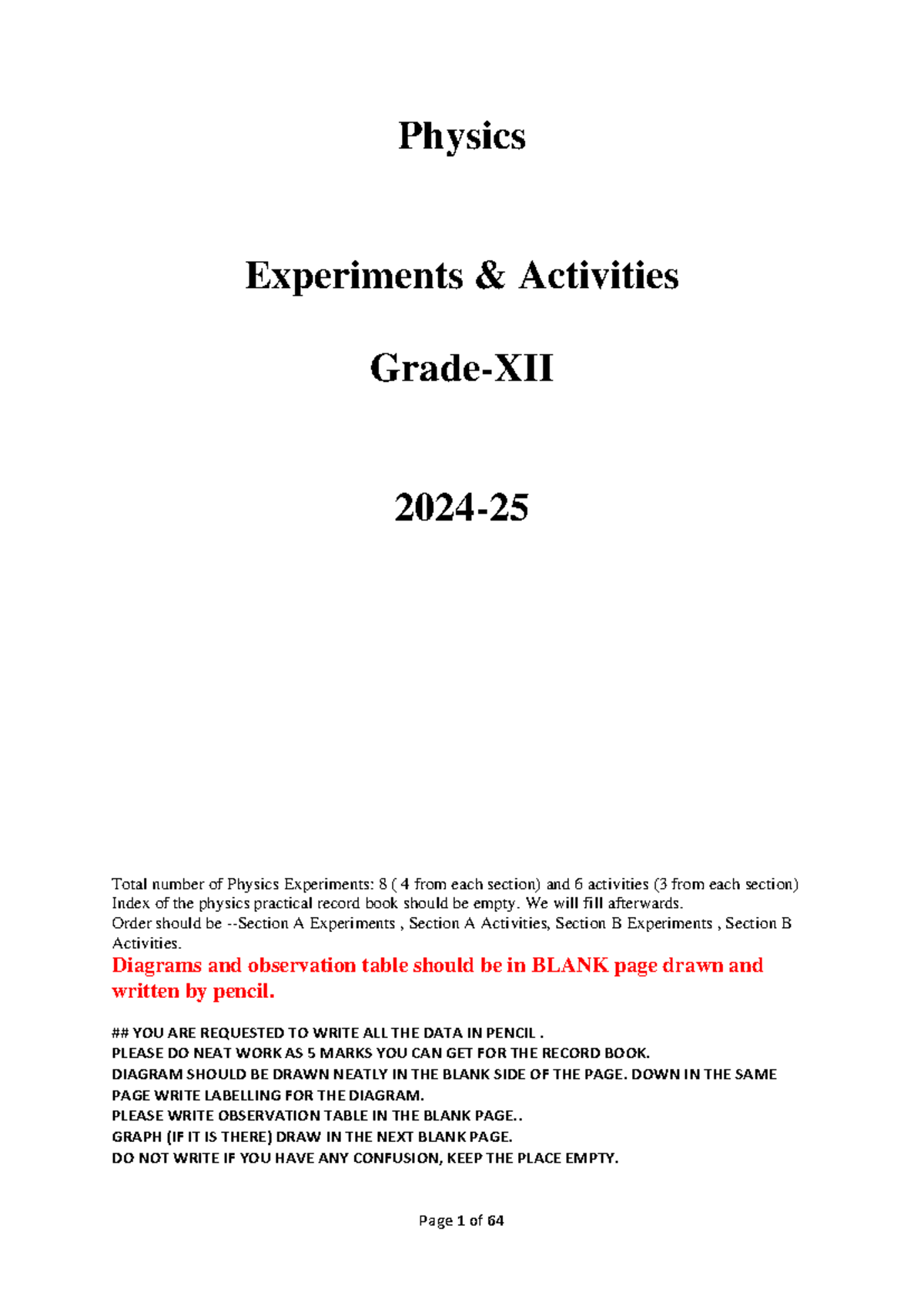 Physics Record Book 2024 25 - Physics Experiments & Activities Grade ...