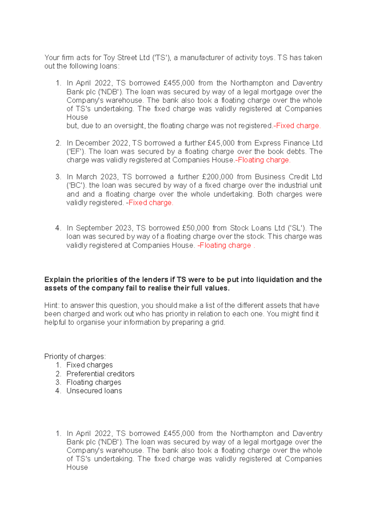WS5a Business law 2 task 1 - Your firm acts for Toy Street Ltd ('TS ...