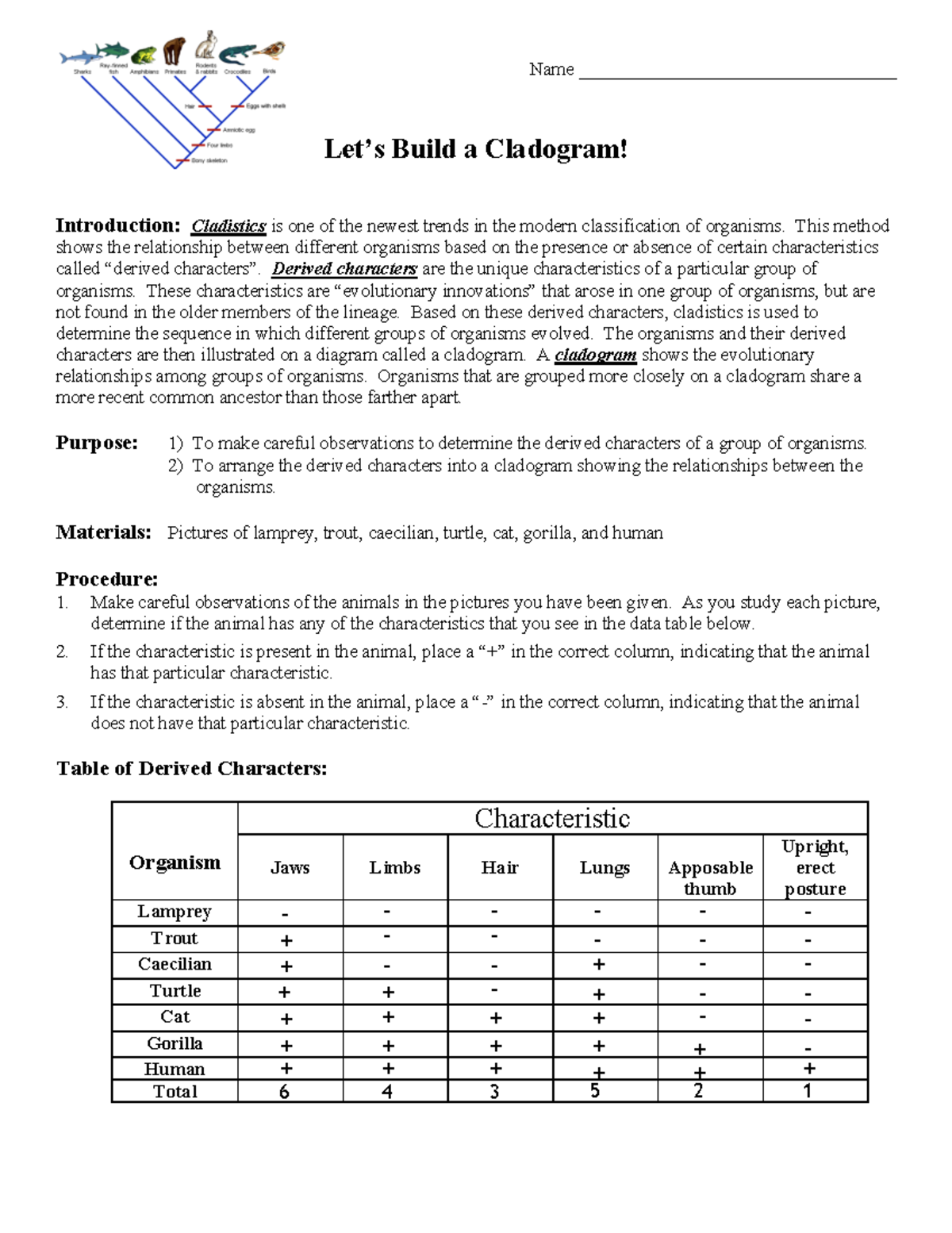 5. Cladogram Activity - b hjb - Name ...