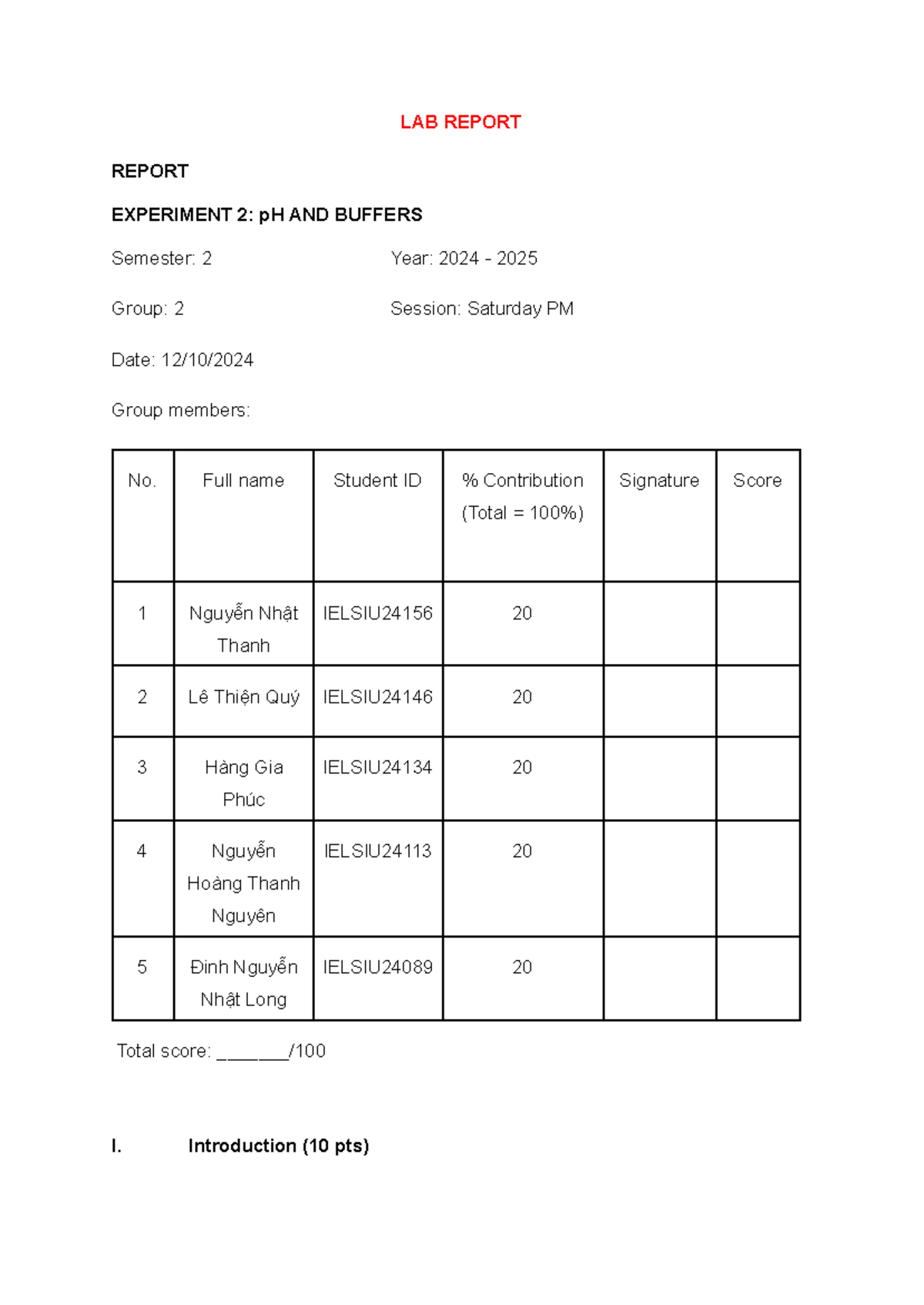Lab report - experiment 2 - LAB REPORT REPORT EXPERIMENT 2: pH AND ...