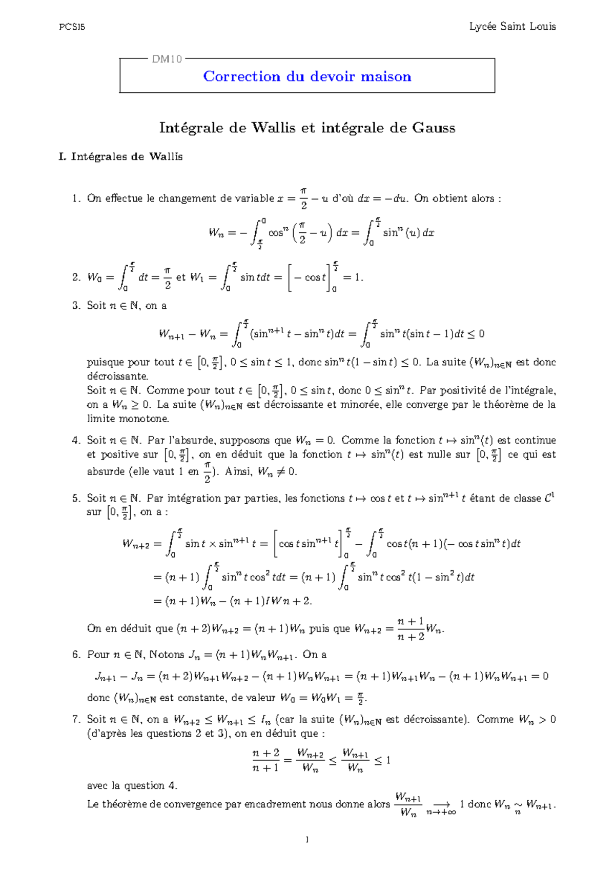 PCSI5-DM10-correction - Correction du devoir maison DM Int ́egrale de Wallis et int ́egrale de ...