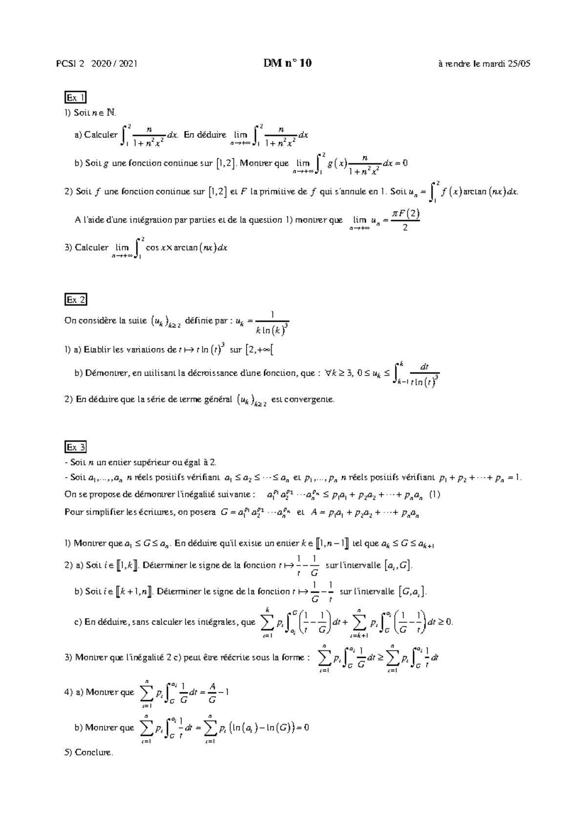 DM intégration, sommation et suite - PCSI 2 2020 / 2021 DM n° 10 à ...