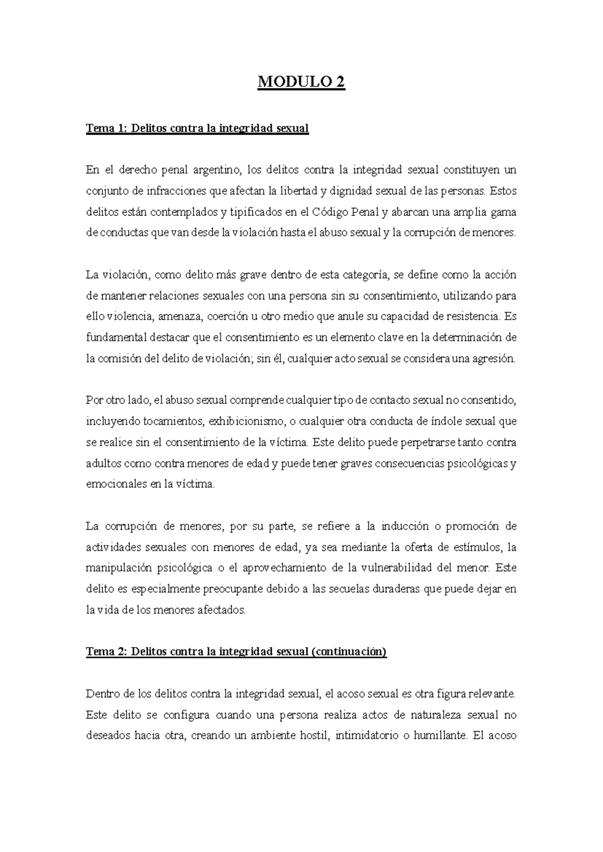 Modulo 2, resumen completo de ideas generales de la lectura - MODULO 2 Tema 1: Delitos contra la ...