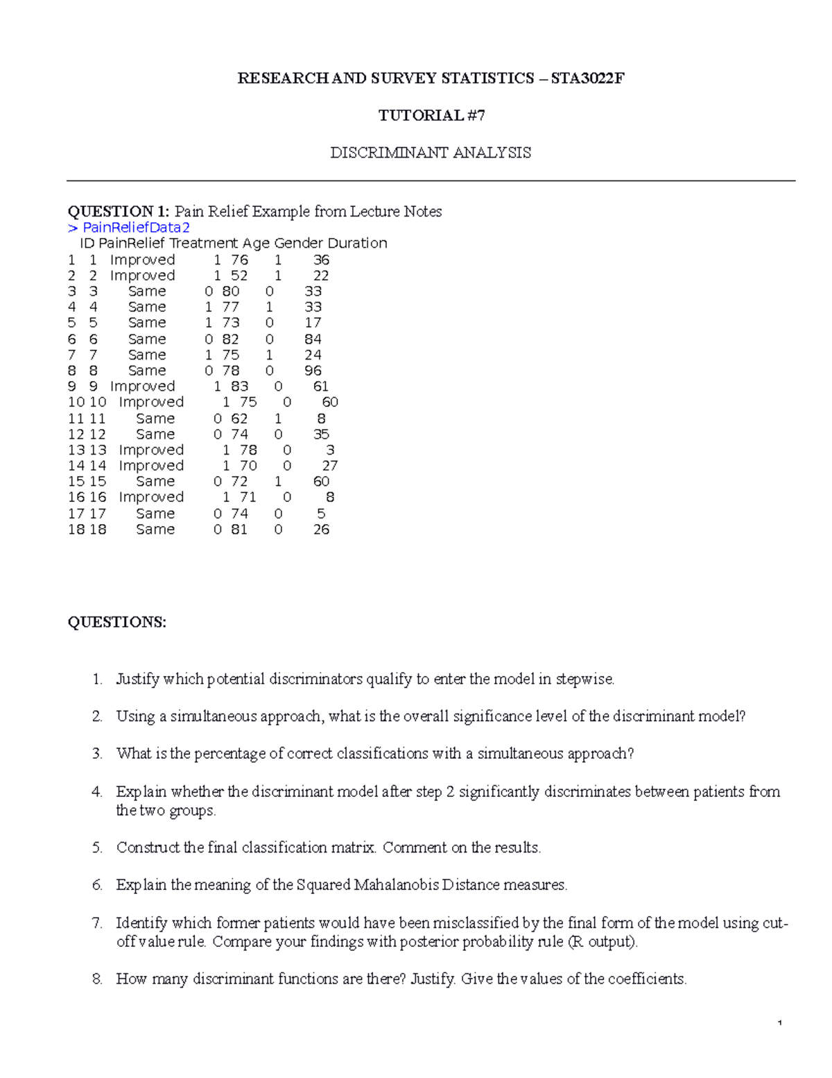 Tut6 CH8Discriminant - tut 6 - RESEARCH AND SURVEY STATISTICS – STA3022F TUTORIAL DISCRIMINANT ...