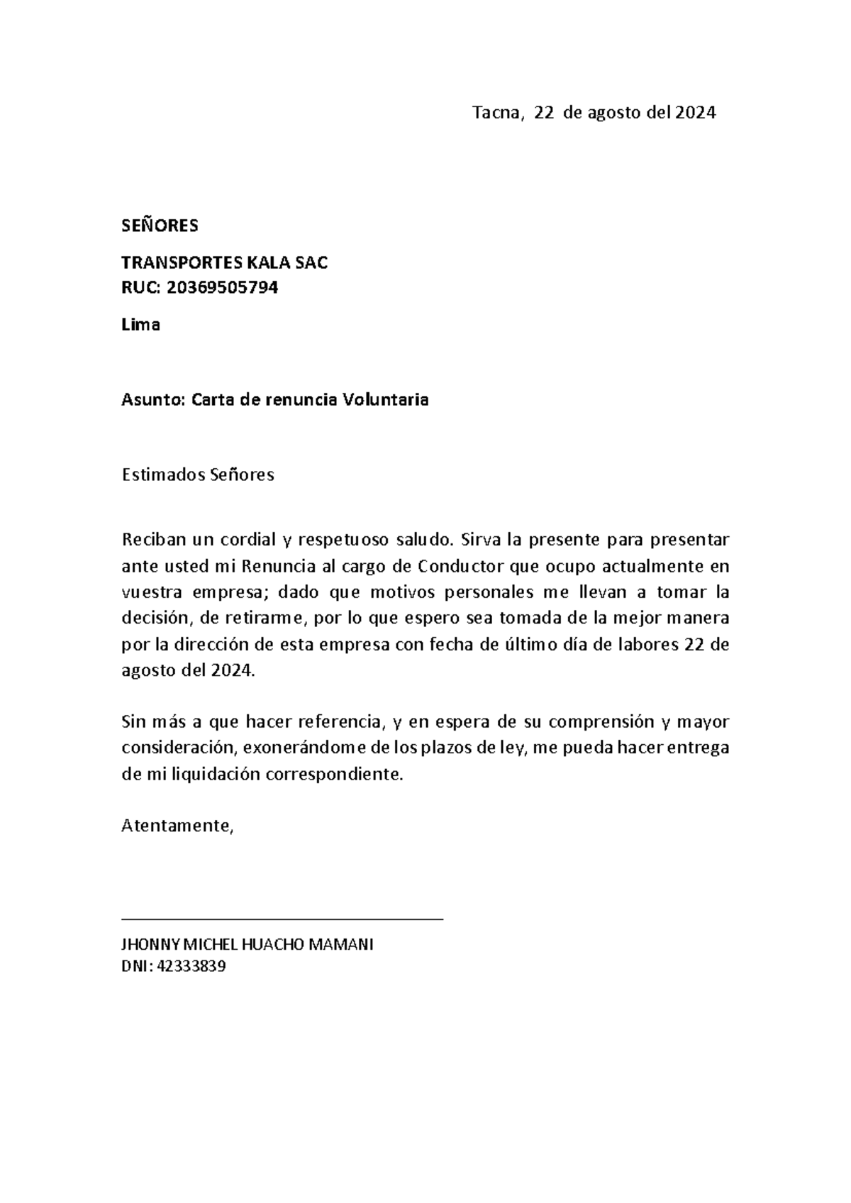 Carta DE Renuncia Jhonny - Tacna, 22 de agosto del 2024 SEÑORES ...