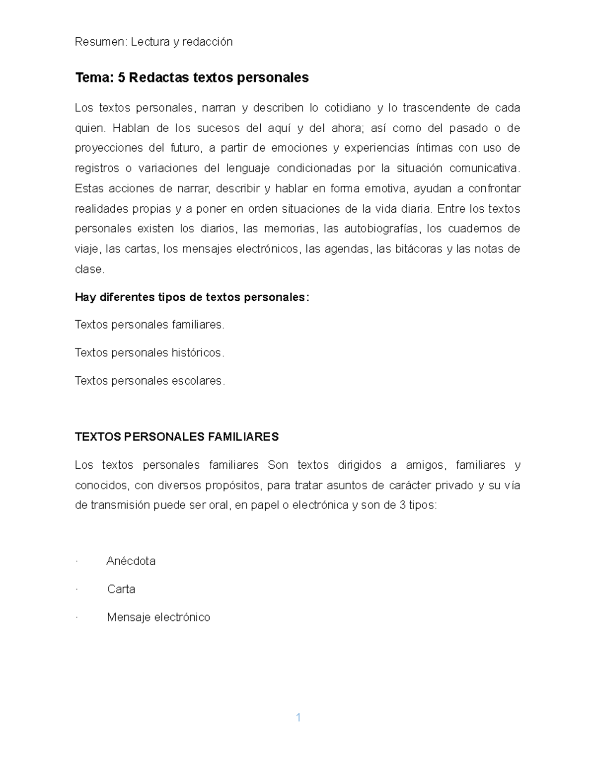 Tema 5 Lectura R - TEMA: 5 Redactas textos personales Textos personales ...