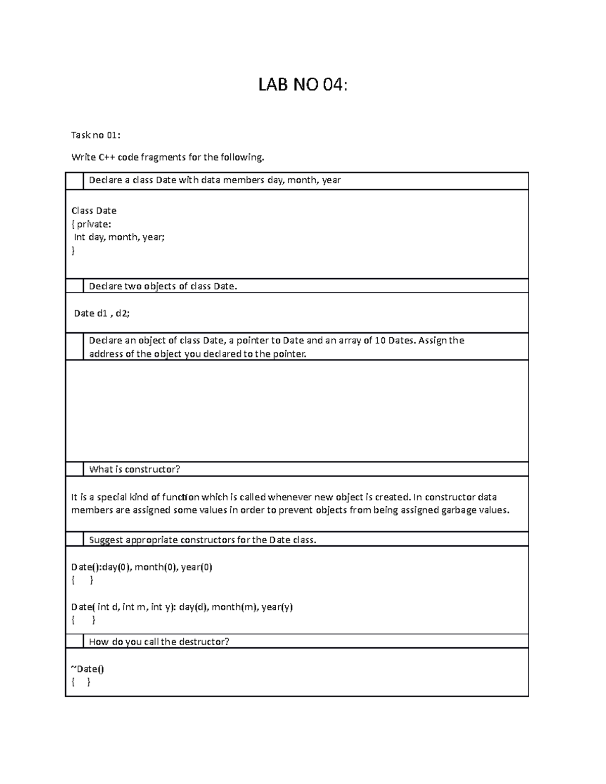 LAB NO 04 - Abc - LAB NO 04: Task no 01: Write C++ code fragments for ...