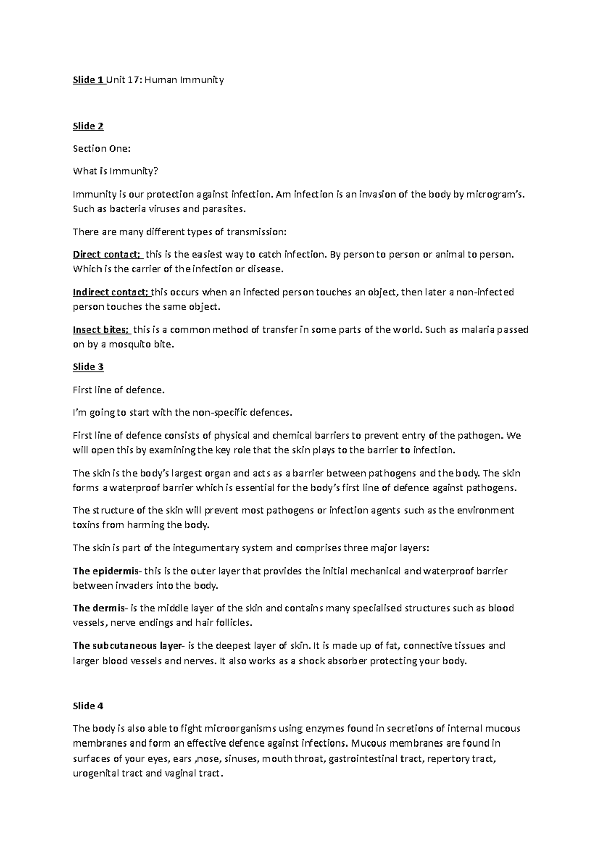 Unit 17 Human Immunity - Slide 1 Unit 17: Human Immunity Slide 2 ...