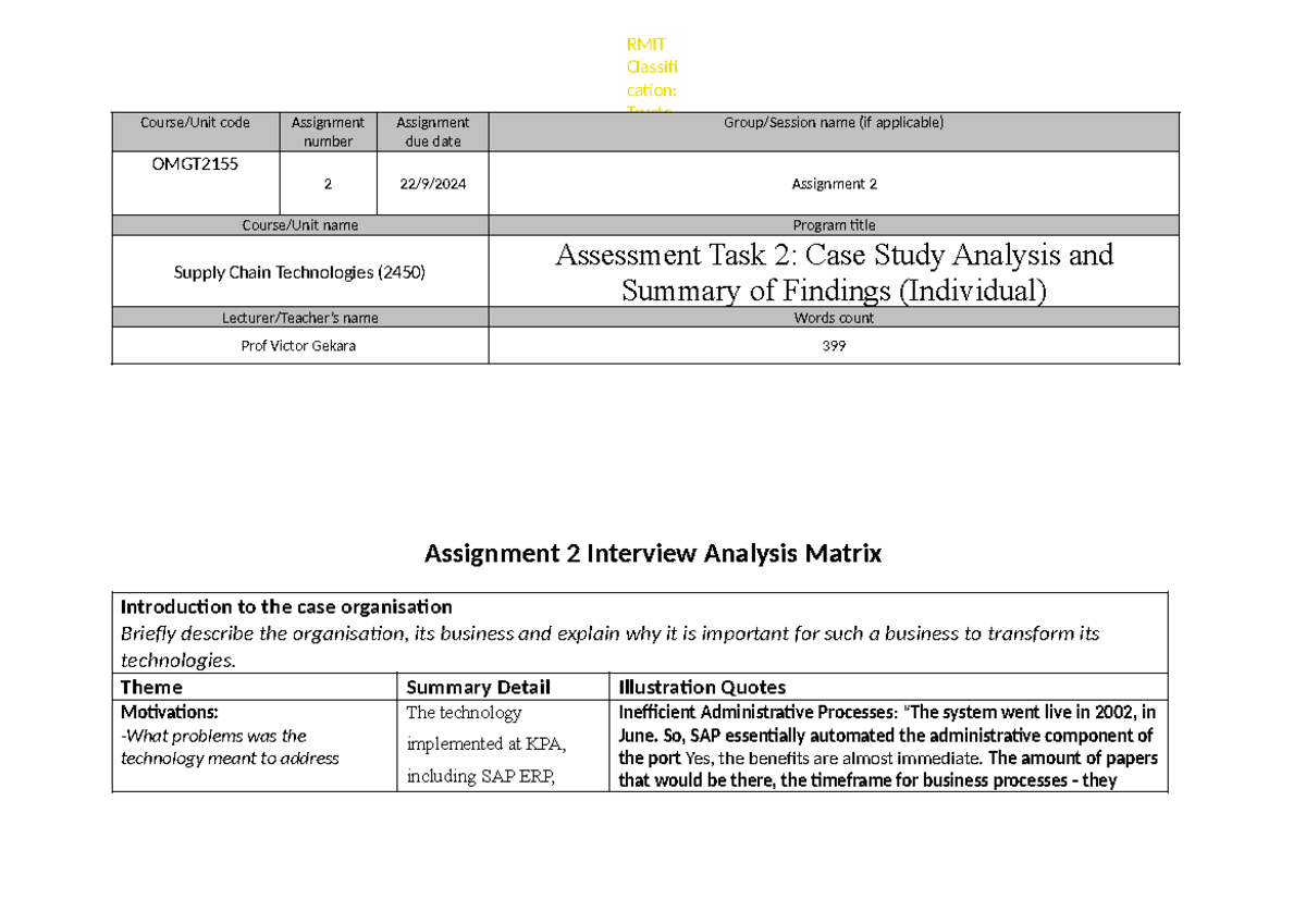 Assignment 2 Interview Analysis Template Tran Nhat Minh s3979710 - Classifi cation: Truste d ...