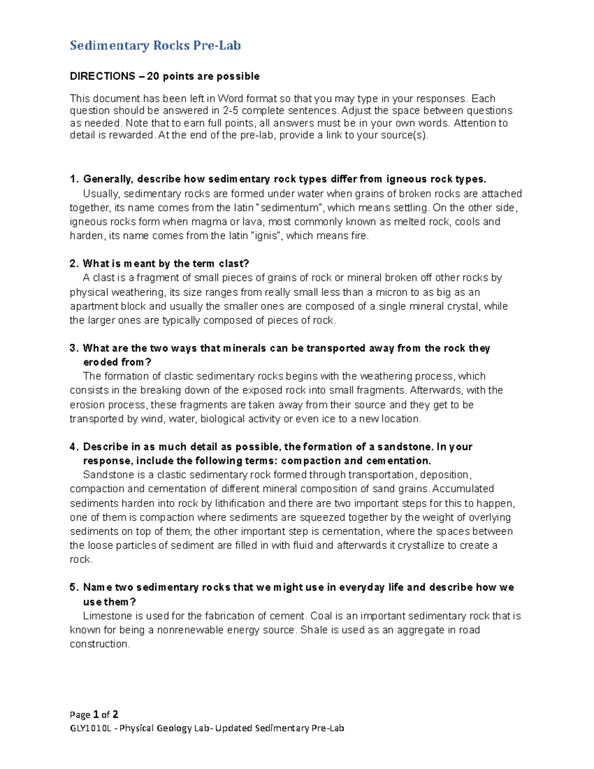 L6 - Sedimentary Rocks - Prelab - Sedimentary Rocks Pre-Lab DIRECTIONS ...