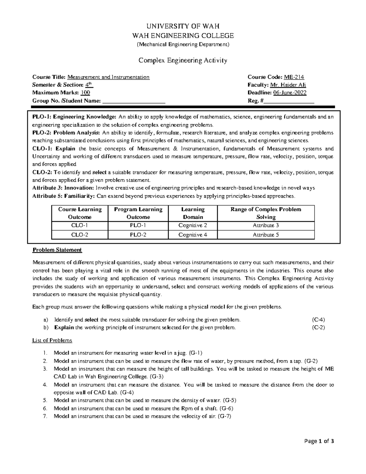 CEA - Measurement and Instrumentation 2022 - Page 1 of 3 UNIVERSITY OF ...