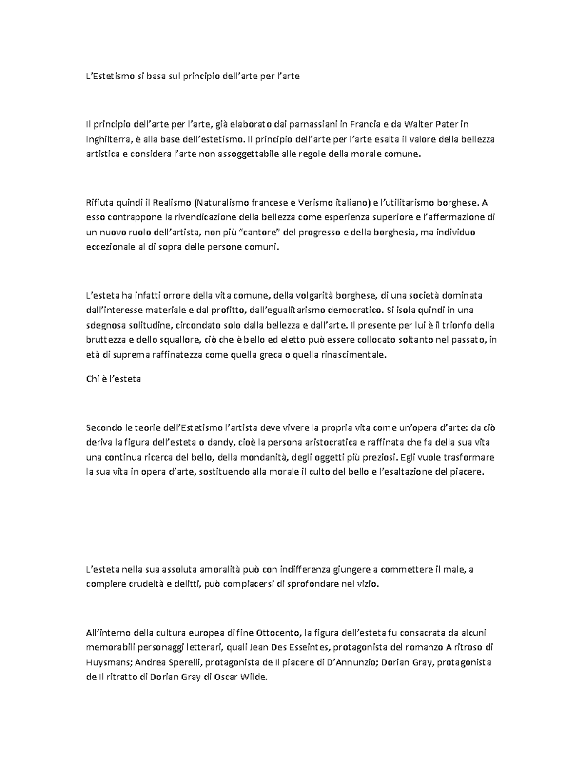 Estetismo - Appunti di lezione 4 - L’Estetismo si basa sul principio ...