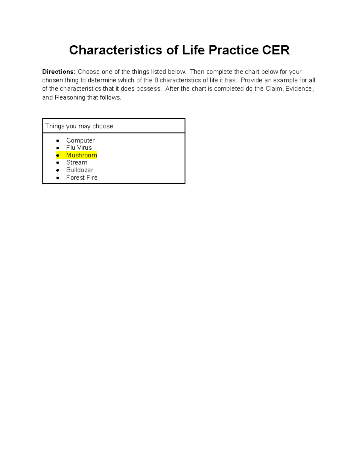 Copy of Characteristics of Life Practice CER - Characteristics of Life ...