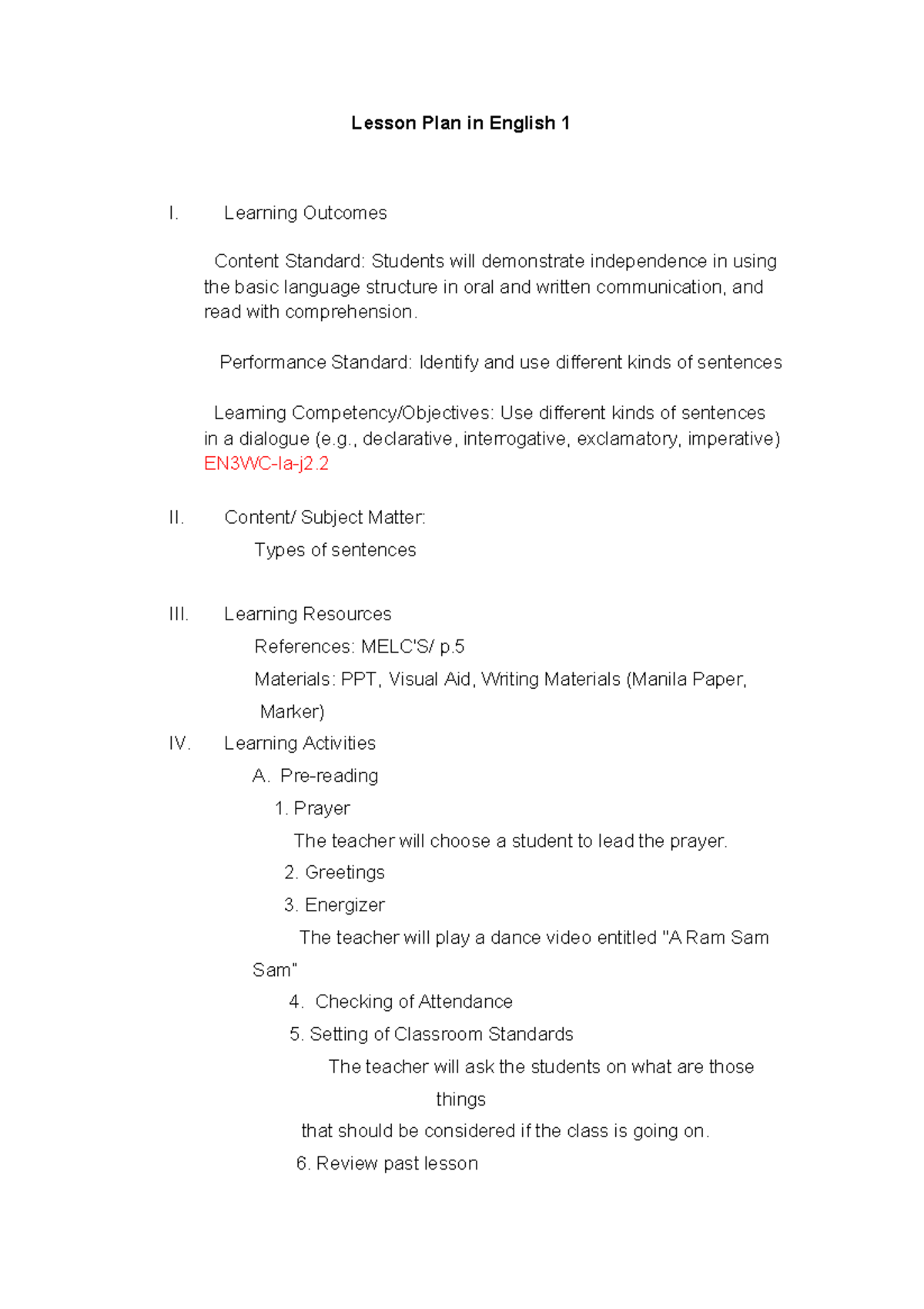 LP-English-DEMO - N/A - Lesson Plan in English 1 I. Learning Outcomes ...