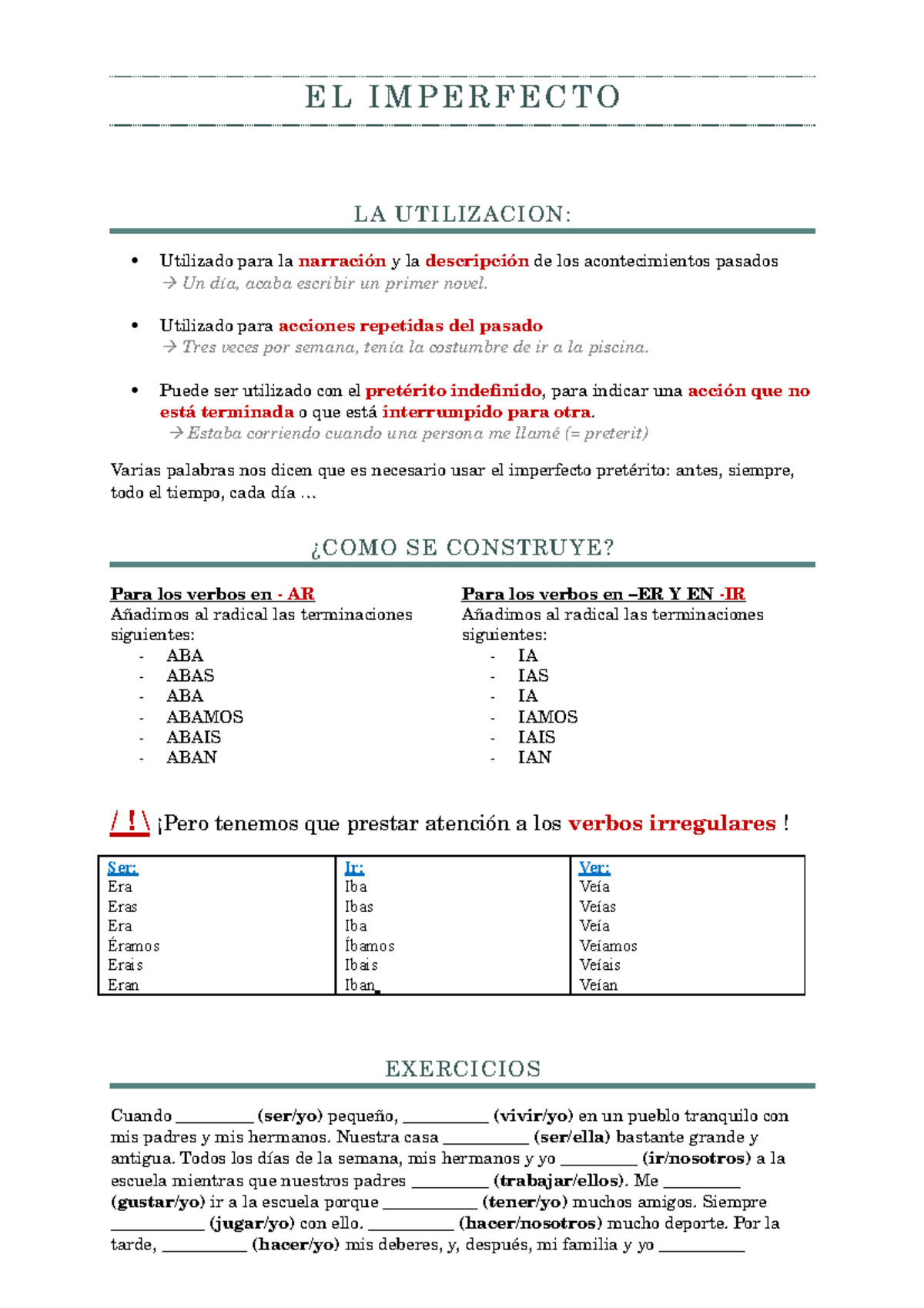 El imperfecto - grammaire en espangnol - EL IMPERFECTO LA UTILIZACION ...