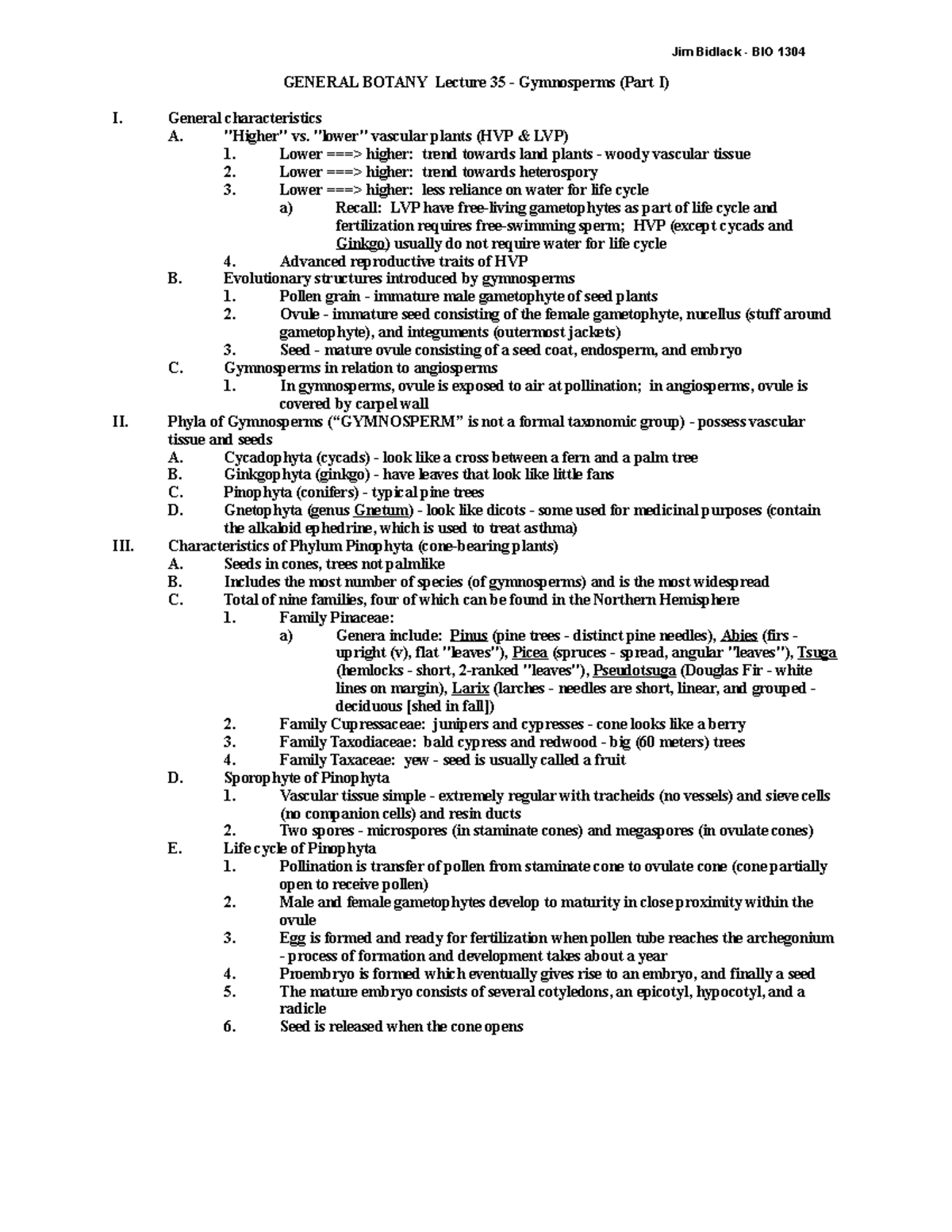 Gymno 135 - botany lecture notes from prof jim - Jim Bidlack - BIO 1304 ...