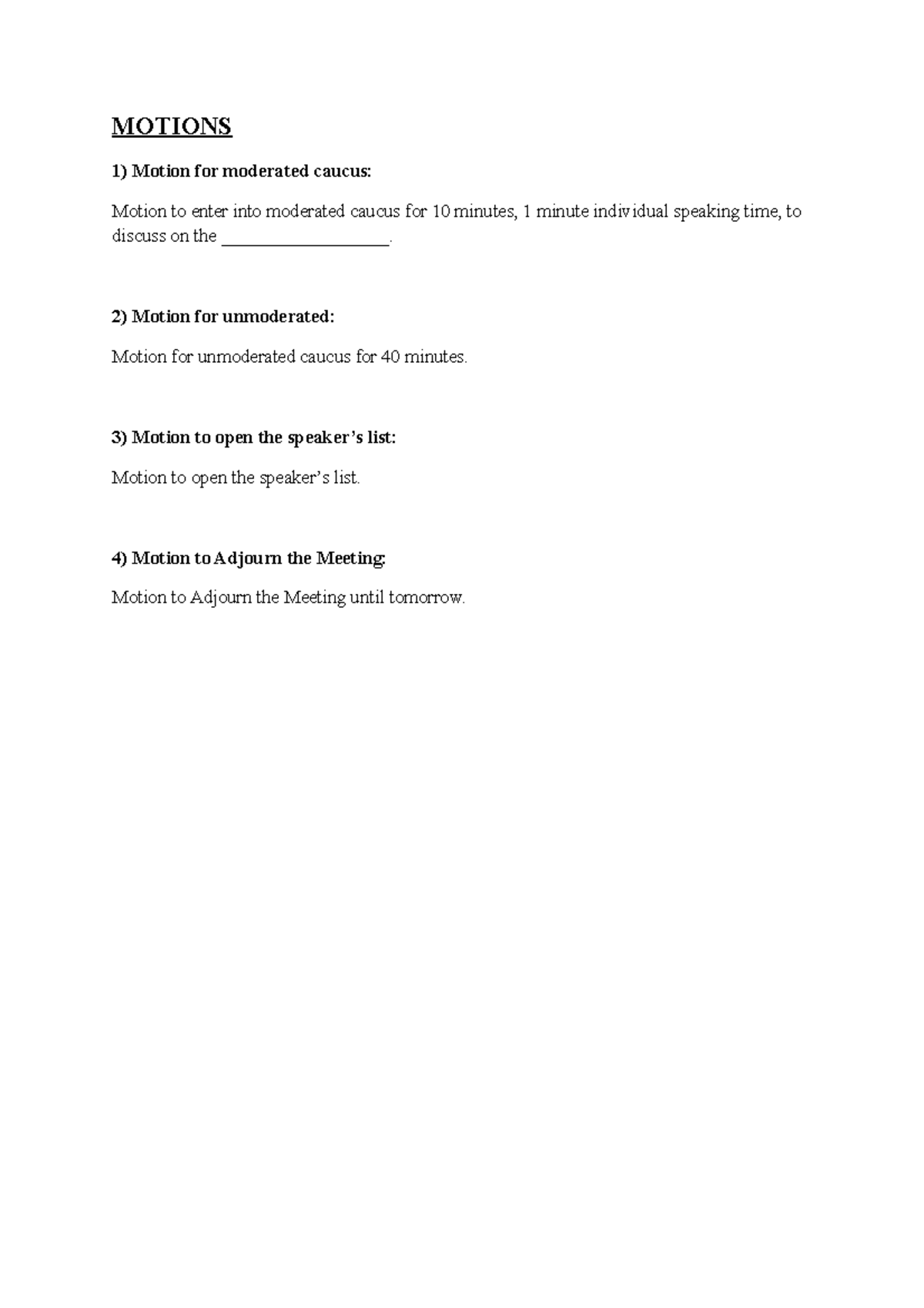 Points and Motions: Model United Nations - MOTIONS 1) Motion for ...