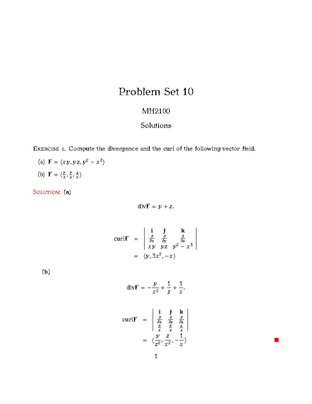 Calculus Problem Set 10 - Problem Set 10 MH Solutions Exercise 1. Compute the divergence and the ...
