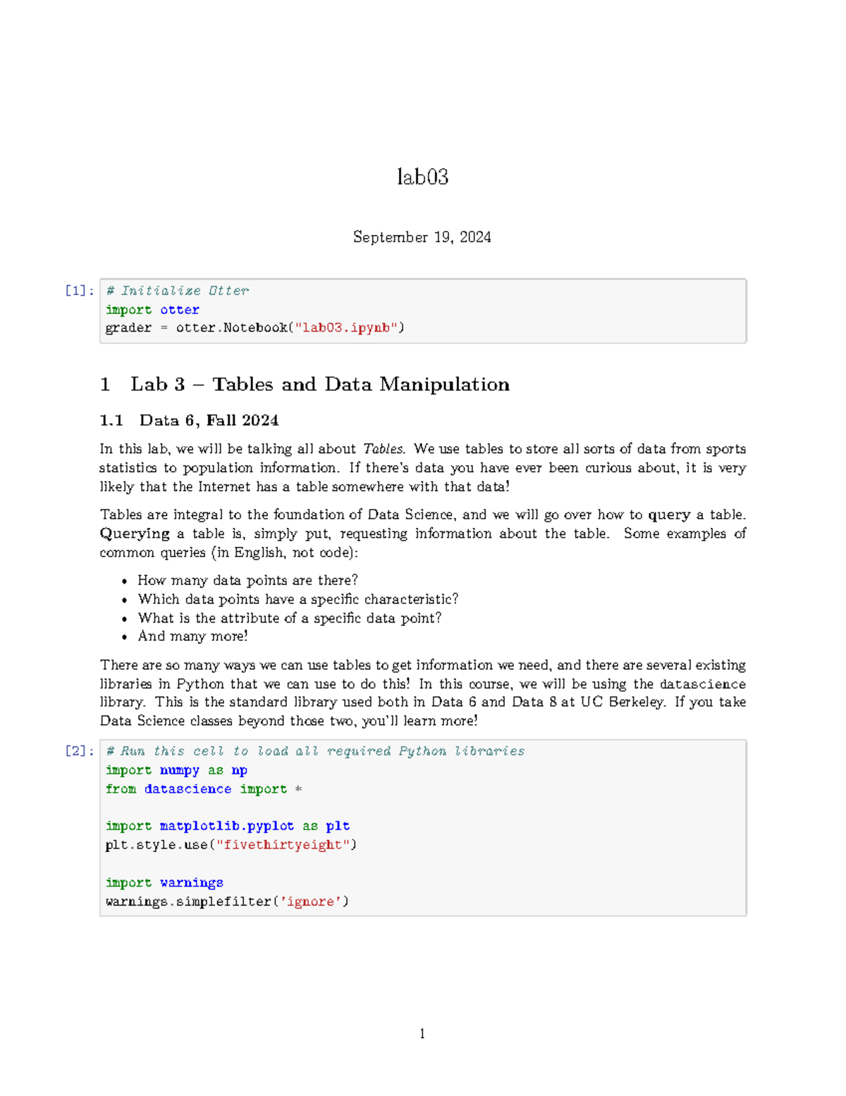 Lab03 - lab - lab September 19, 2024 [1]: # Initialize Otter import otter grader = - Studocu