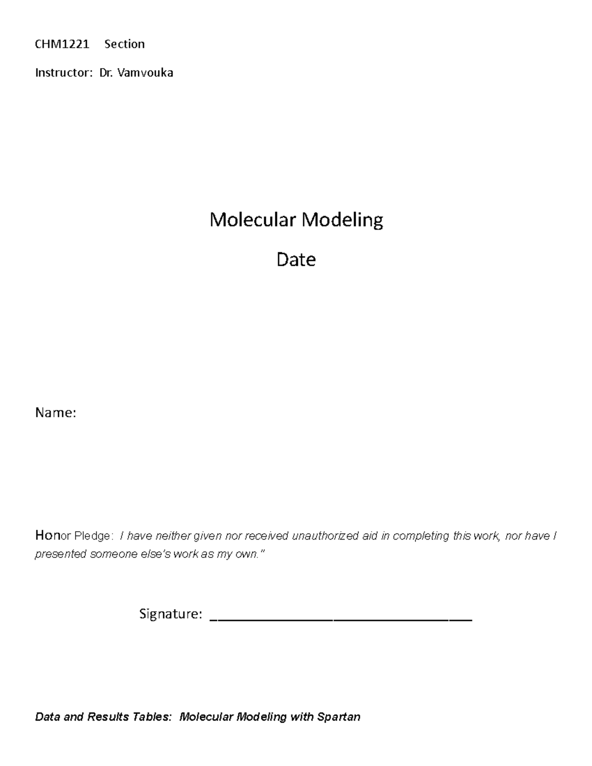 Molecular Modeling Lab Report Template-Cover page-Questions to Answer ...