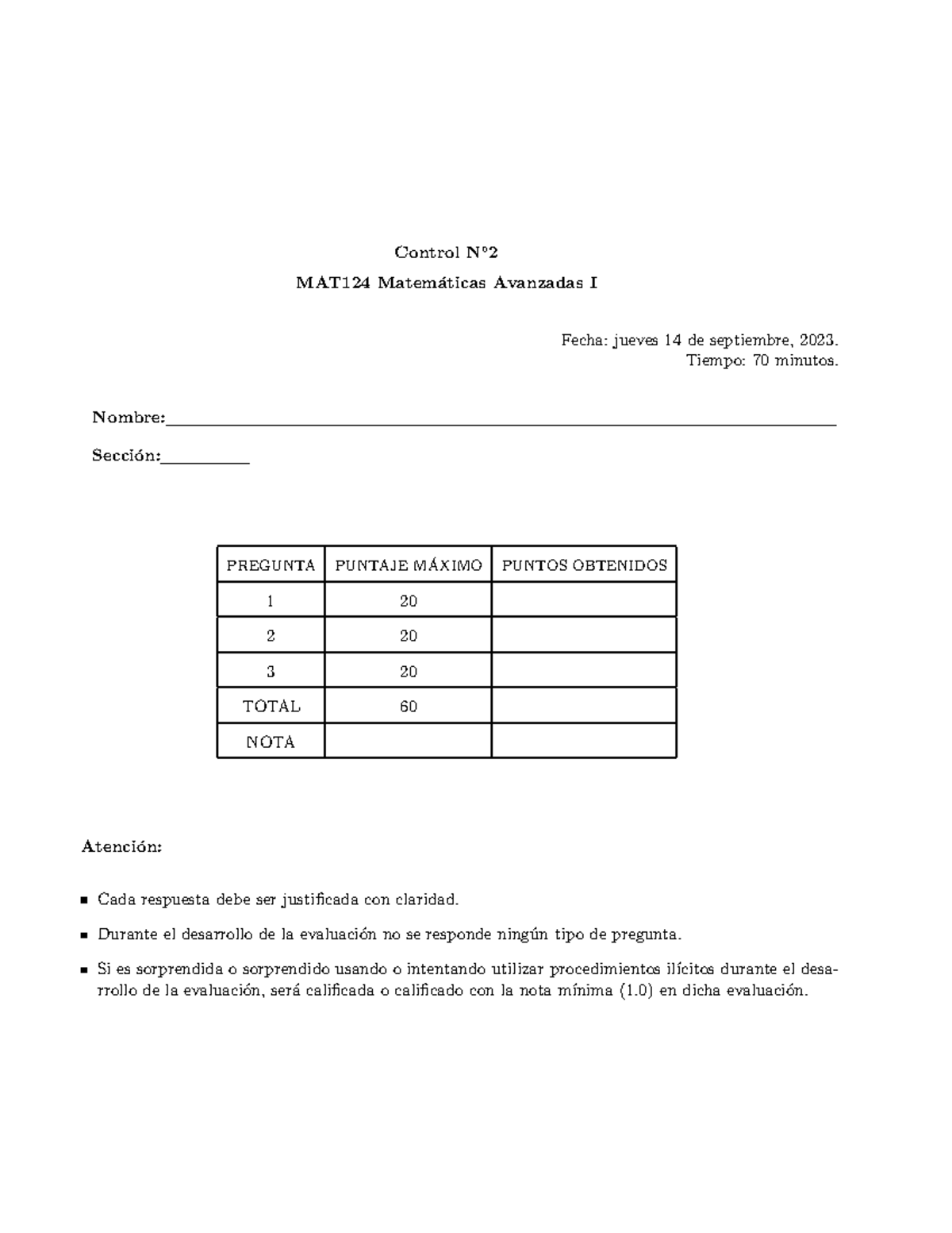 Pauta Control 2 2023-2 - para tener gratis - Control N 2 MAT124 Matem ́aticas Avanzadas I Fecha ...