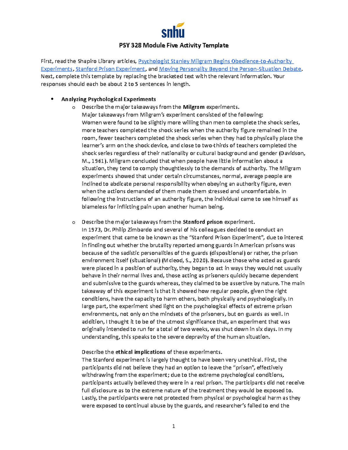 PSY 328 Module Five Activity Template - PSY 328 Module Five Activity Template First, read the ...