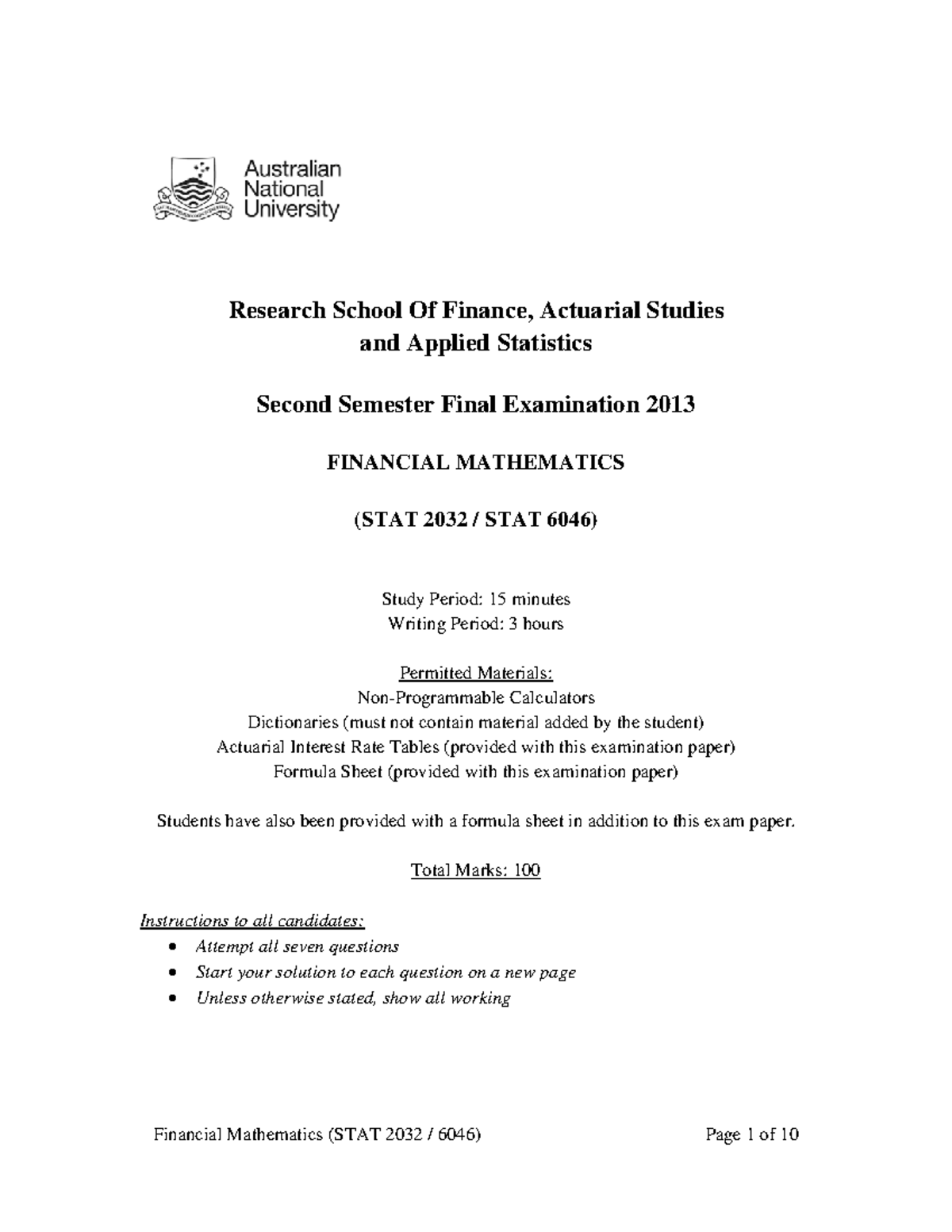 Sample/practice exam 2013, questions and answers - Research School Of ...