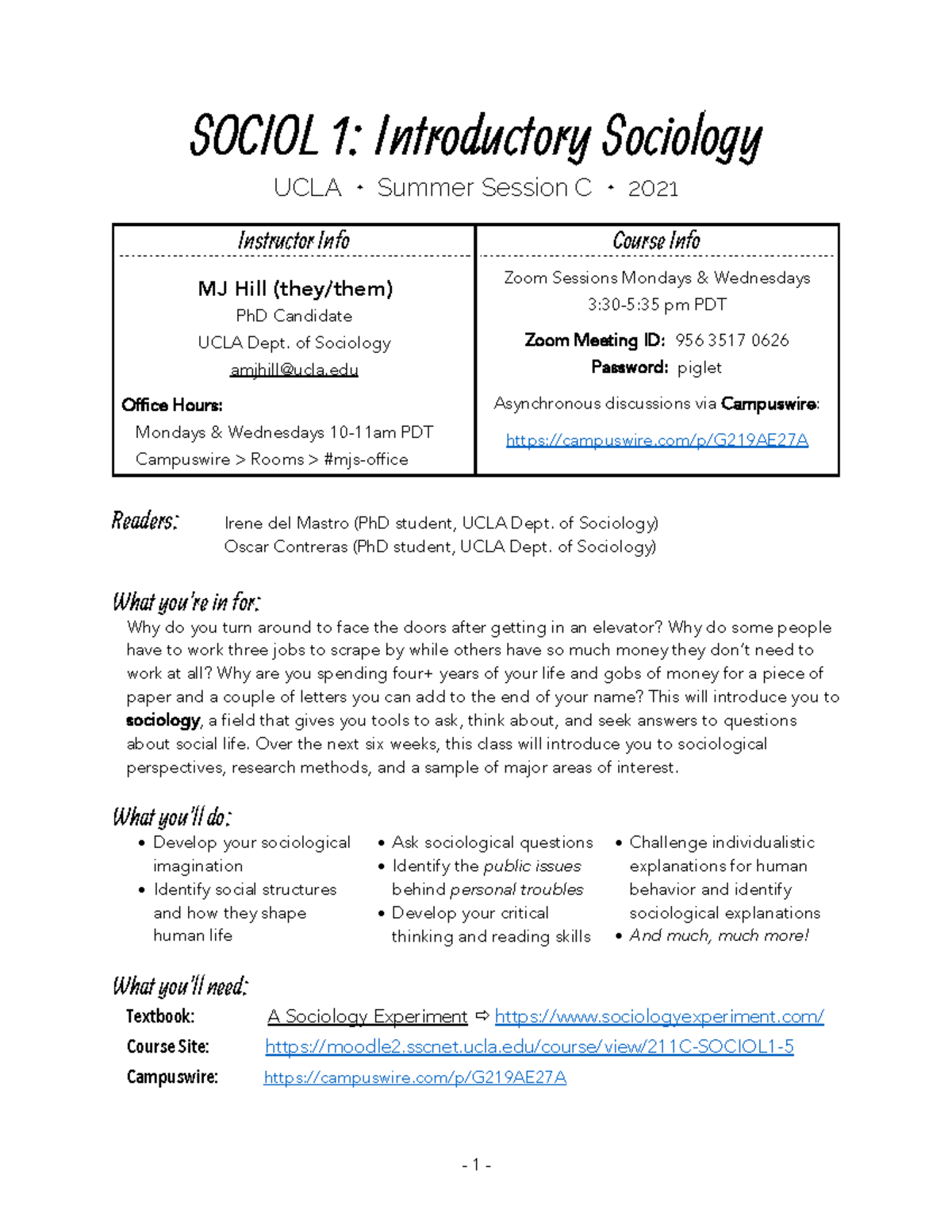 Sociology 1 Syllabus for College Summer Institute - SOCIOL 1 ...