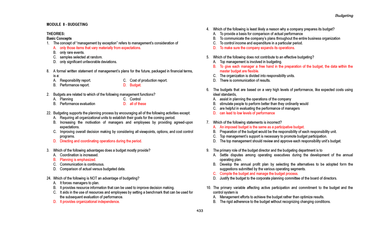 10 X08 Budgeting - MODULE 8 - BUDGETING THEORIES: Basic Concepts 1. The ...