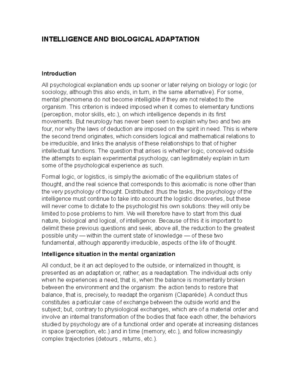 Intelligence and biological adaptation - INTELLIGENCE AND BIOLOGICAL ...