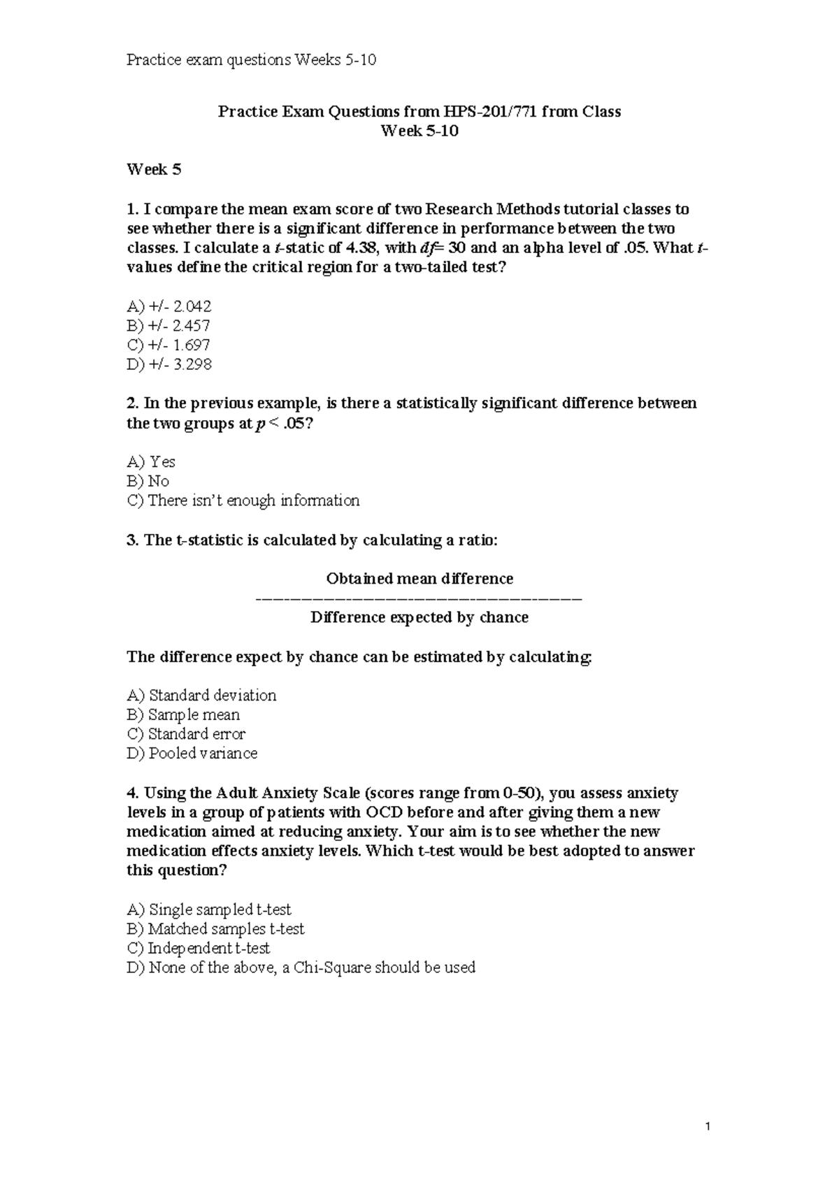 Practice exam questions Weeks 5-10 - Practice Exam Questions from HPS ...