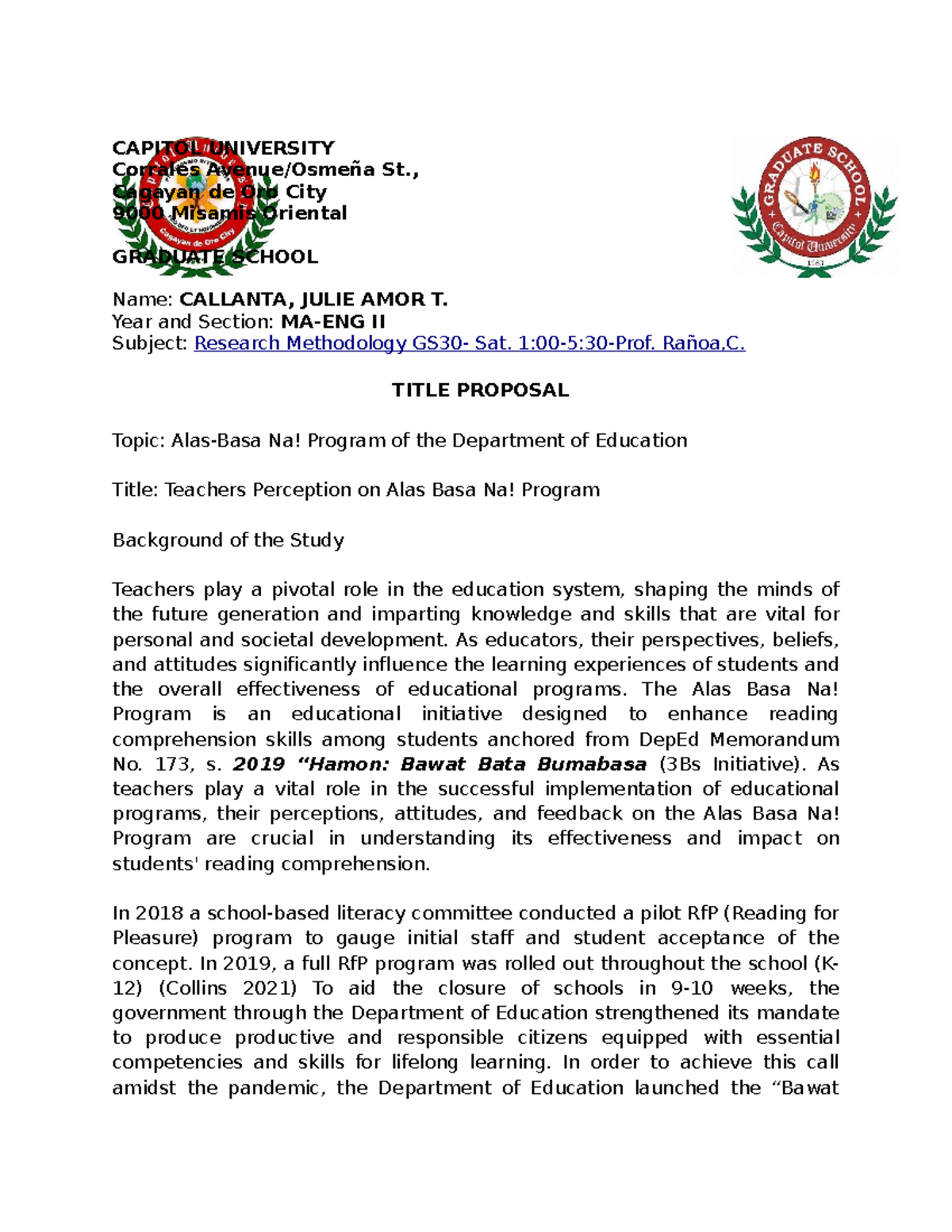 Title Proposal - Callanta Maeng - CAPITOL UNIVERSITY Corrales Avenue ...